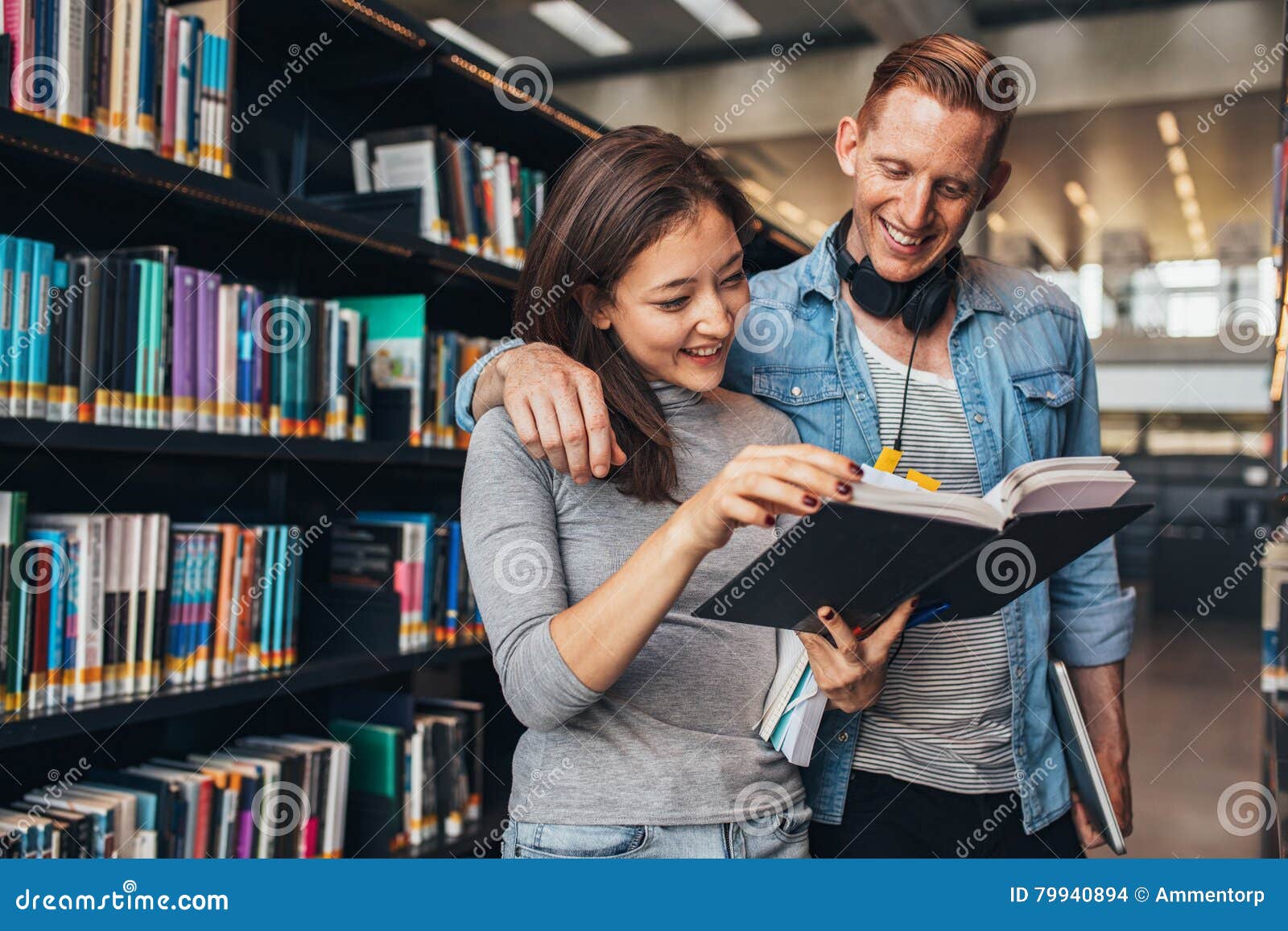 Couple of Young Students at Public Library Stock Photo - Image of asian ...