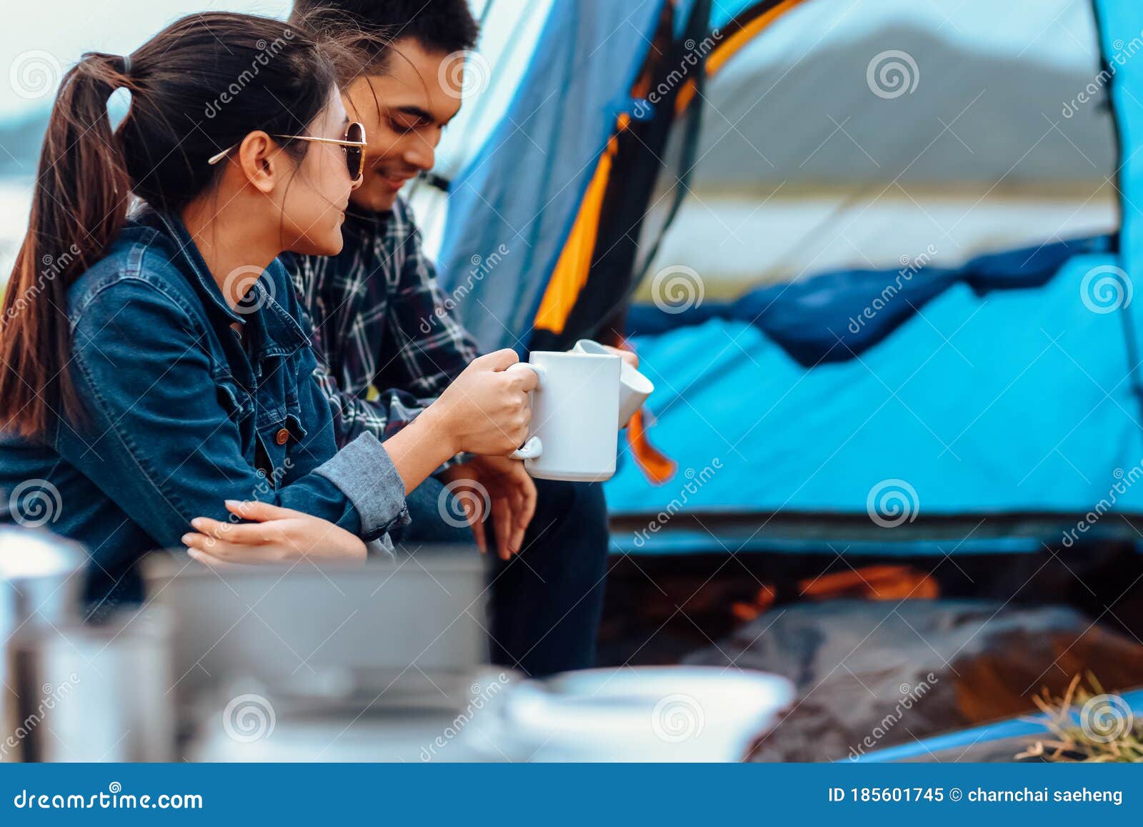 Couples Drink Coffee Together during the Morning Camping Stock Image ...