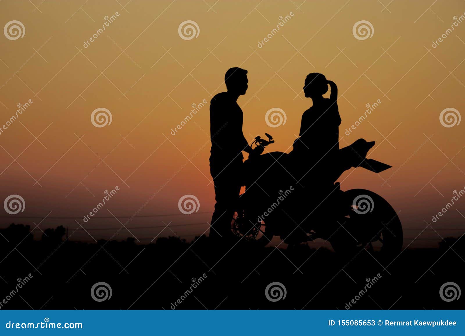 Couples with a Motorcycle at Sunset Stock Image - Image of happy ...