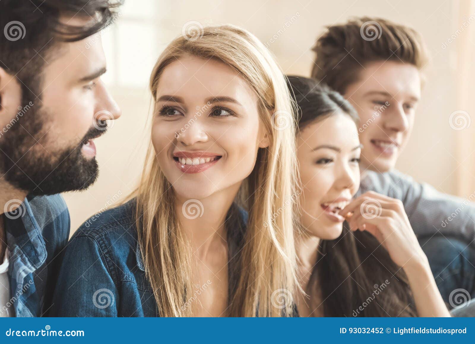 Couples Sitting in Row at Home Stock Photo - Image of popcorn, asian ...