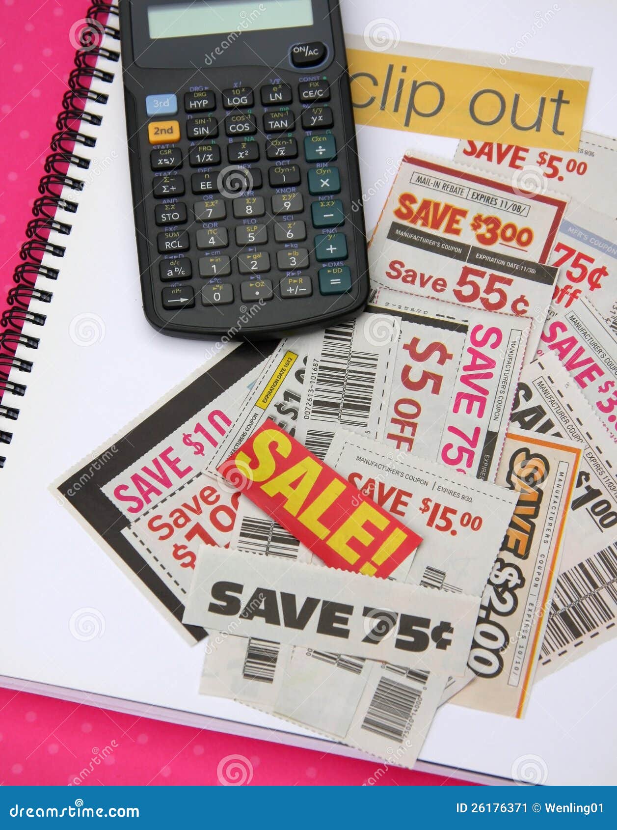 Coupons and Caculator on Notebook Stock Image - Image of bargain, pile ...