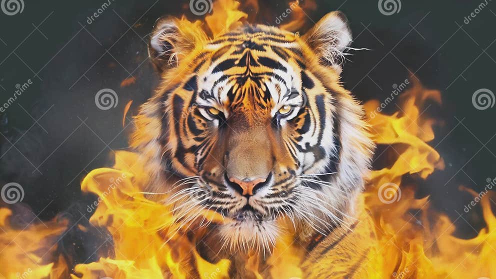 A Courageous Tiger Framed by Flames on a Black Background. Stock Photo ...
