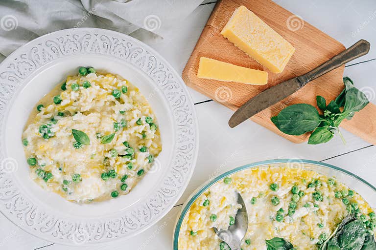 Courgette and Pea Risotto with Parmesan, Mascarpone, Basil Stock Photo ...