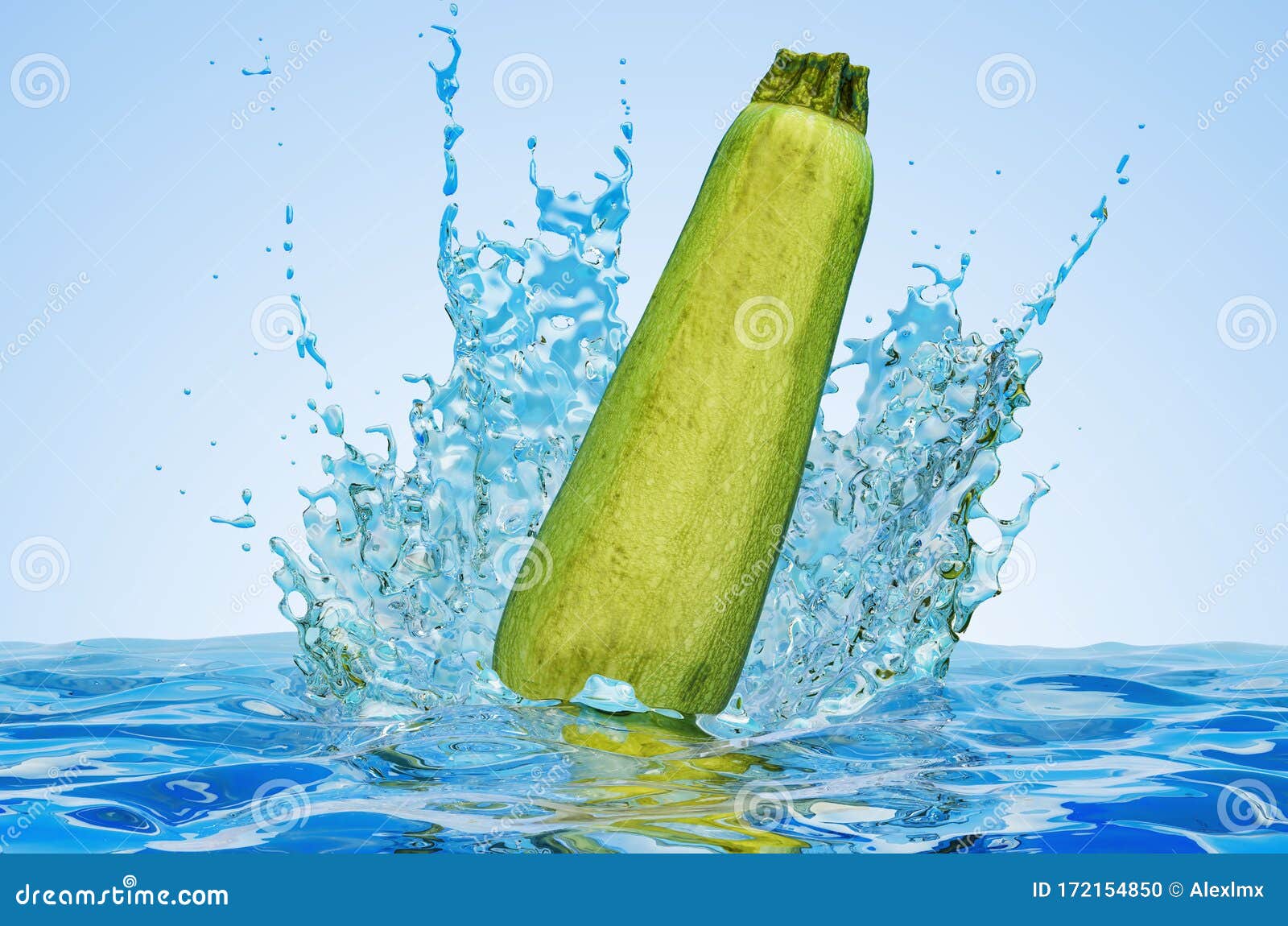 Courgette or Zucchini with Water Splashes, 3D Rendering Stock ...