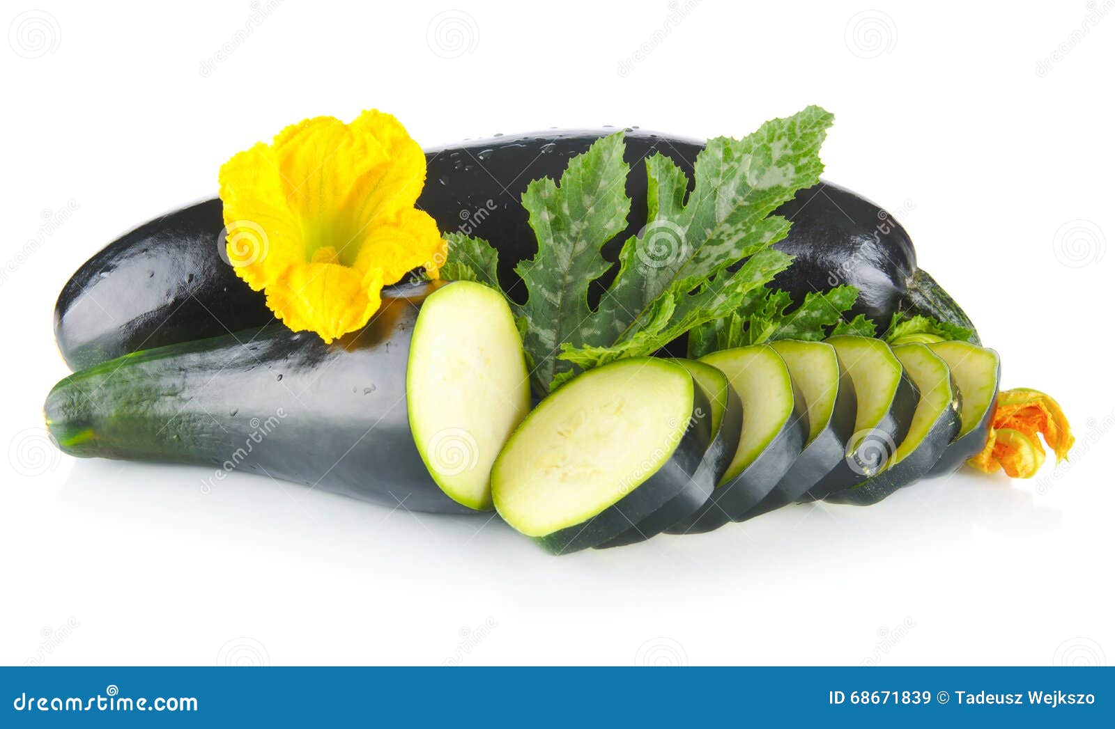 Courgettes Cut into Slices with Flower and Leaf on White Stock Image ...