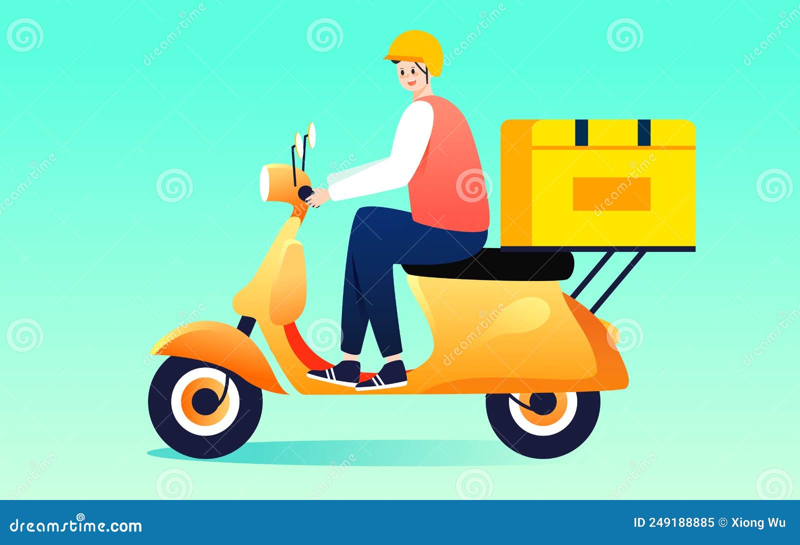 Courier Delivering on a Motorcycle with Various Plants and Buildings in ...