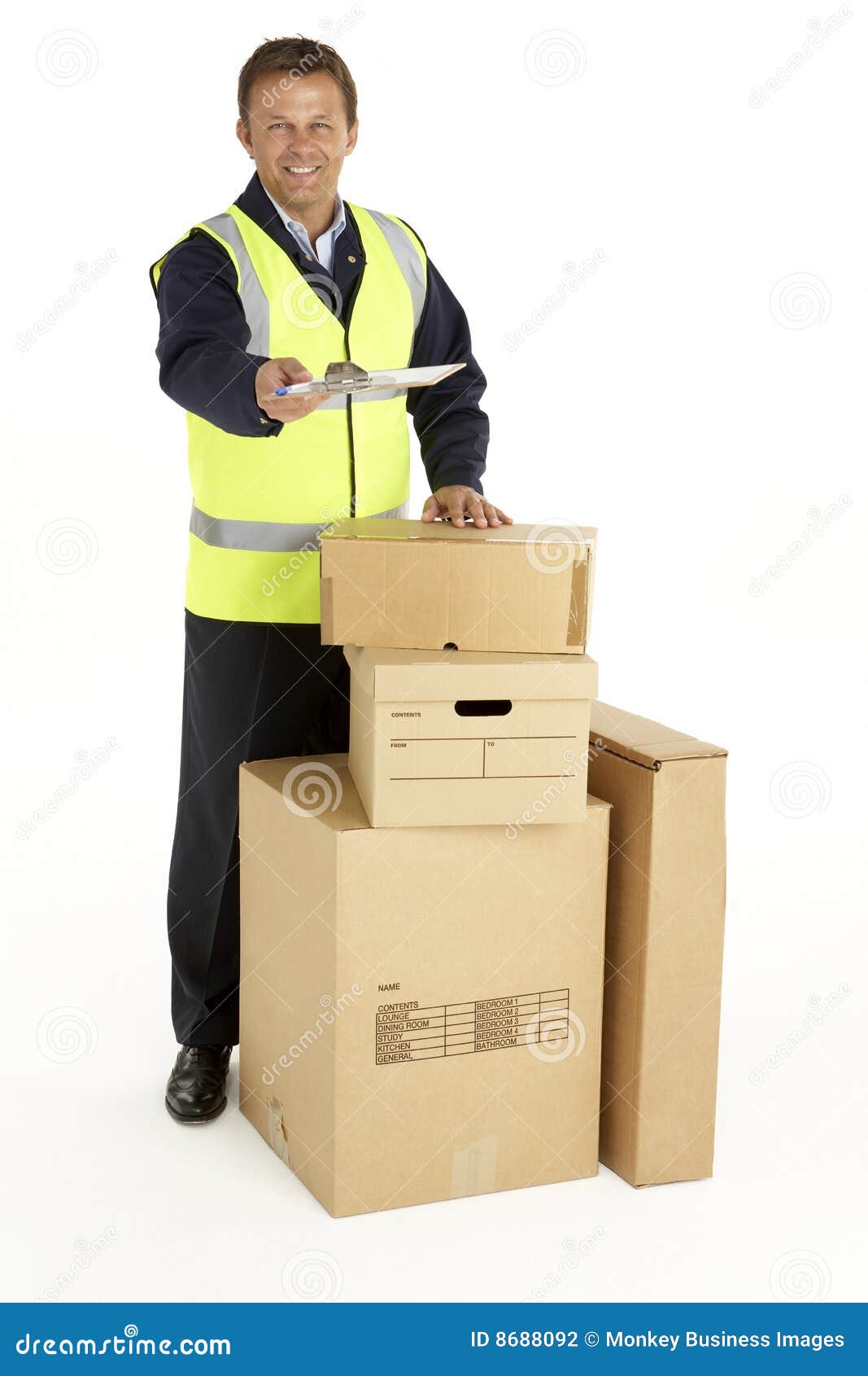 Courier Delivering Parcels Holding Clipboard Stock Photo - Image of ...