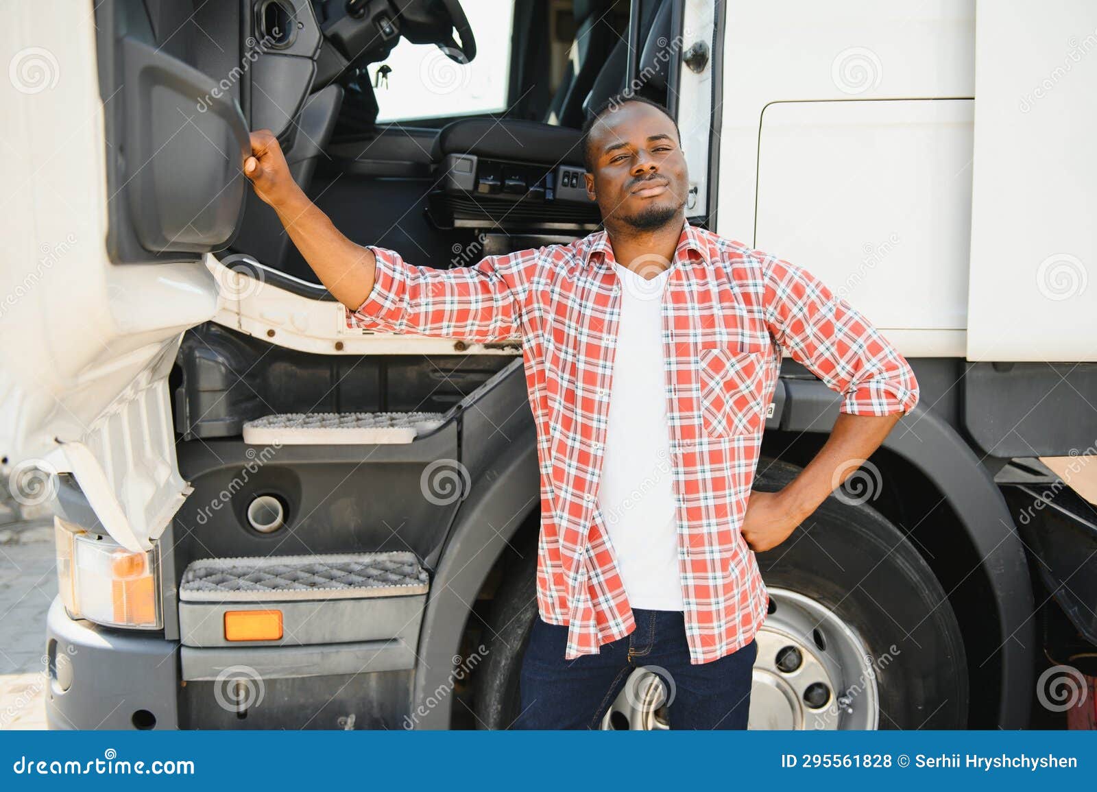 Courier Delivery. Black Man Driver Driving Delivery Car Stock Photo ...