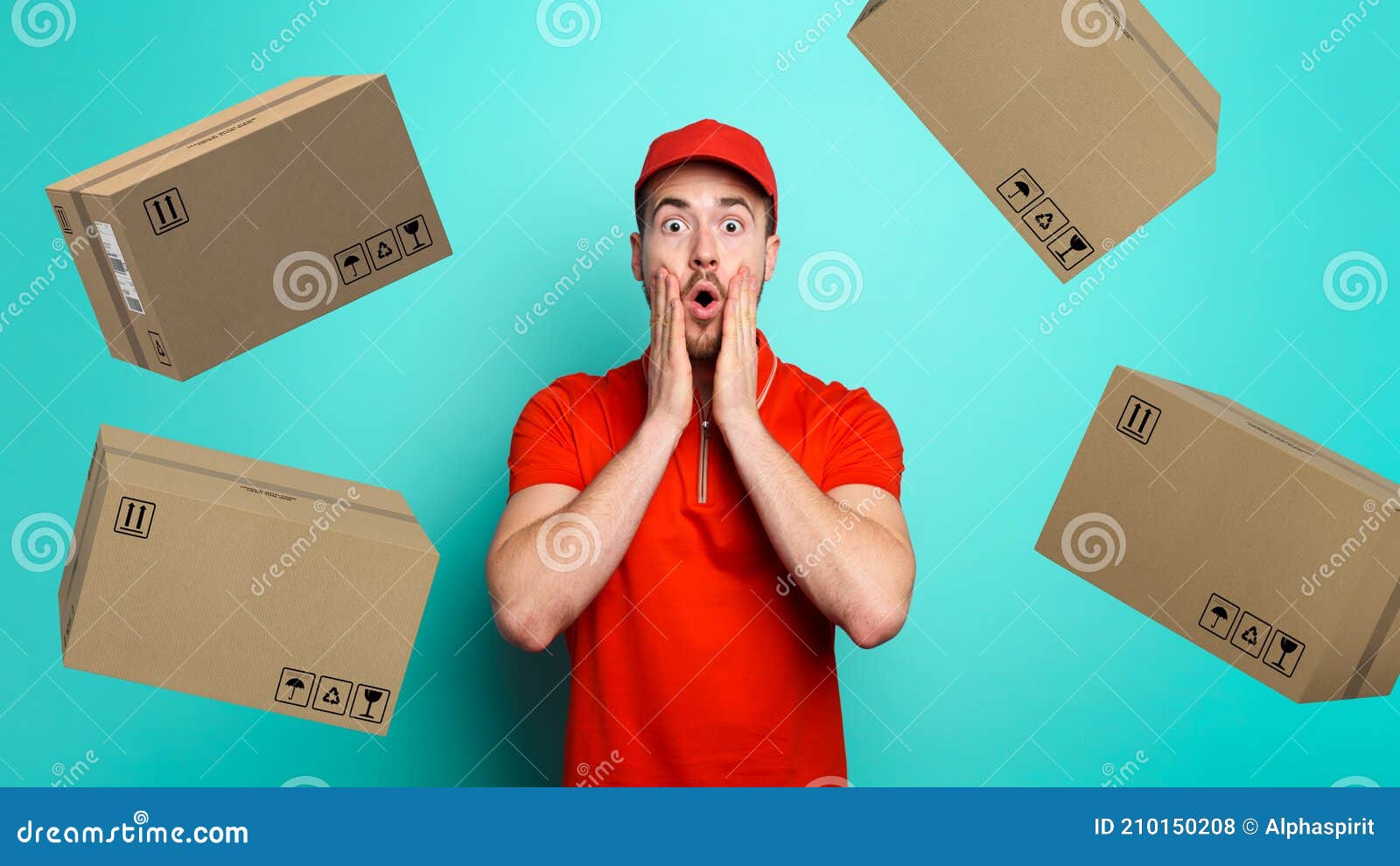 Courier Has a Wondered Expression about a Great Promotion with Falling ...