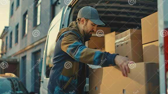A Courier Loading Packages into a Delivery Van, Highlighting the ...