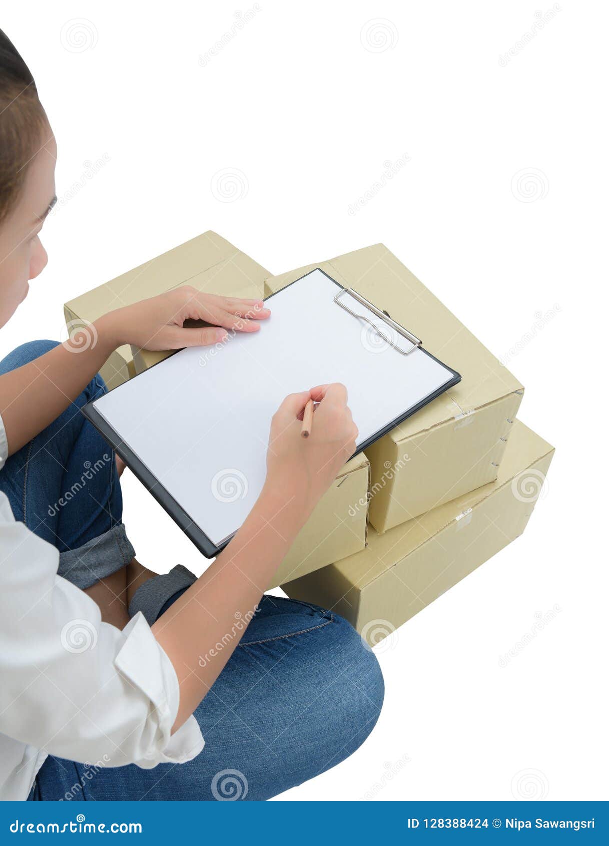 Courier Making Notes In Delivery Receipt Among Parcels At Table Stock ...