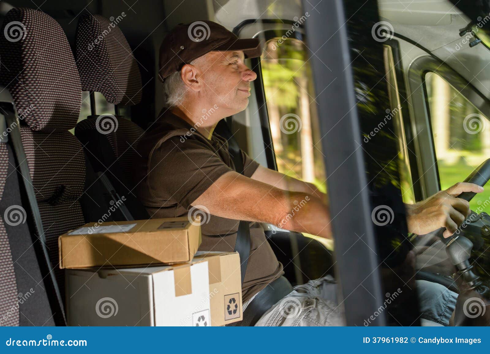 Courier Man Driving Cargo Car Delivering Package Stock Photo - Image of ...