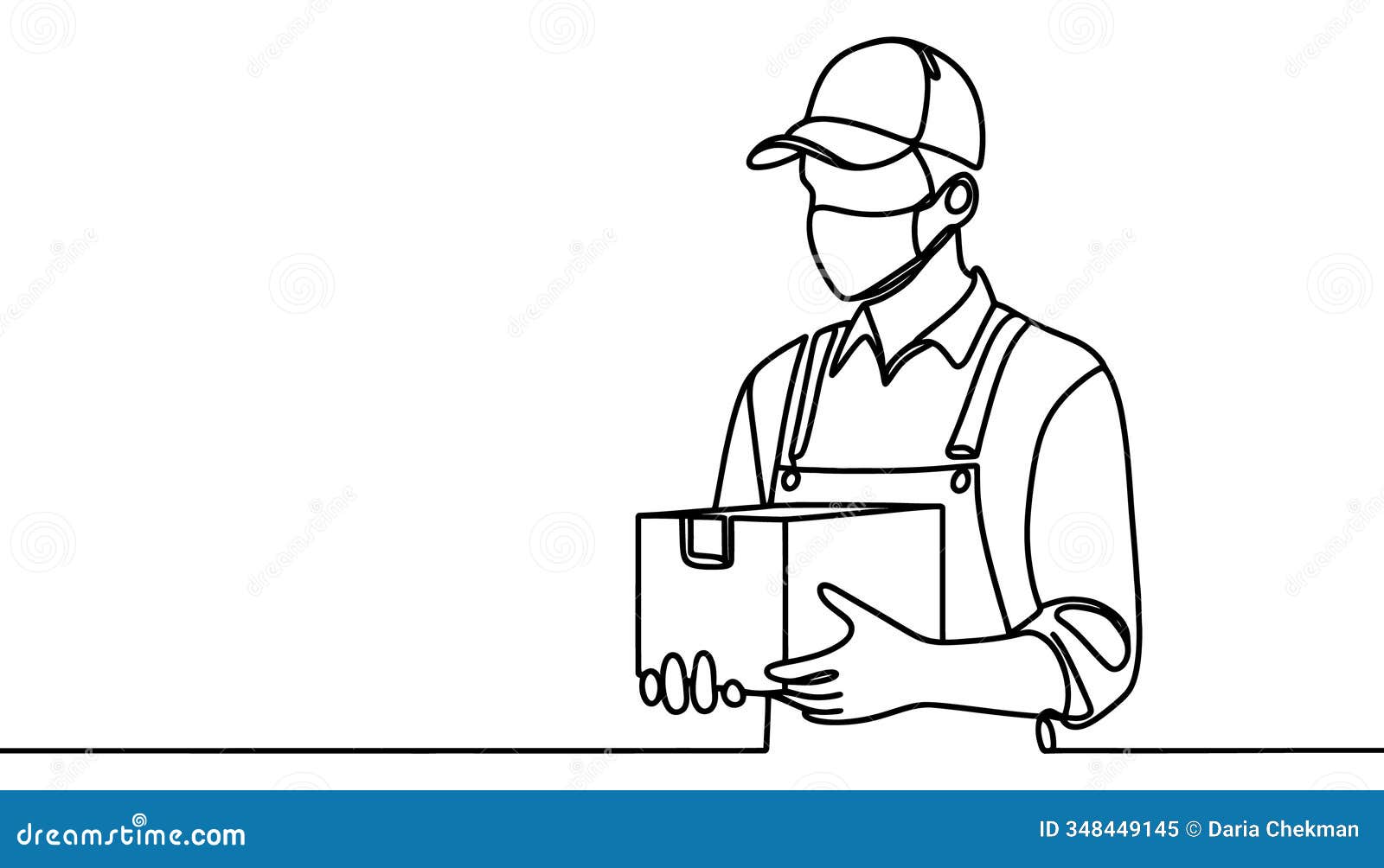 Courier in Mask Holding Parcel, One Line Vector Drawing. Delivery ...