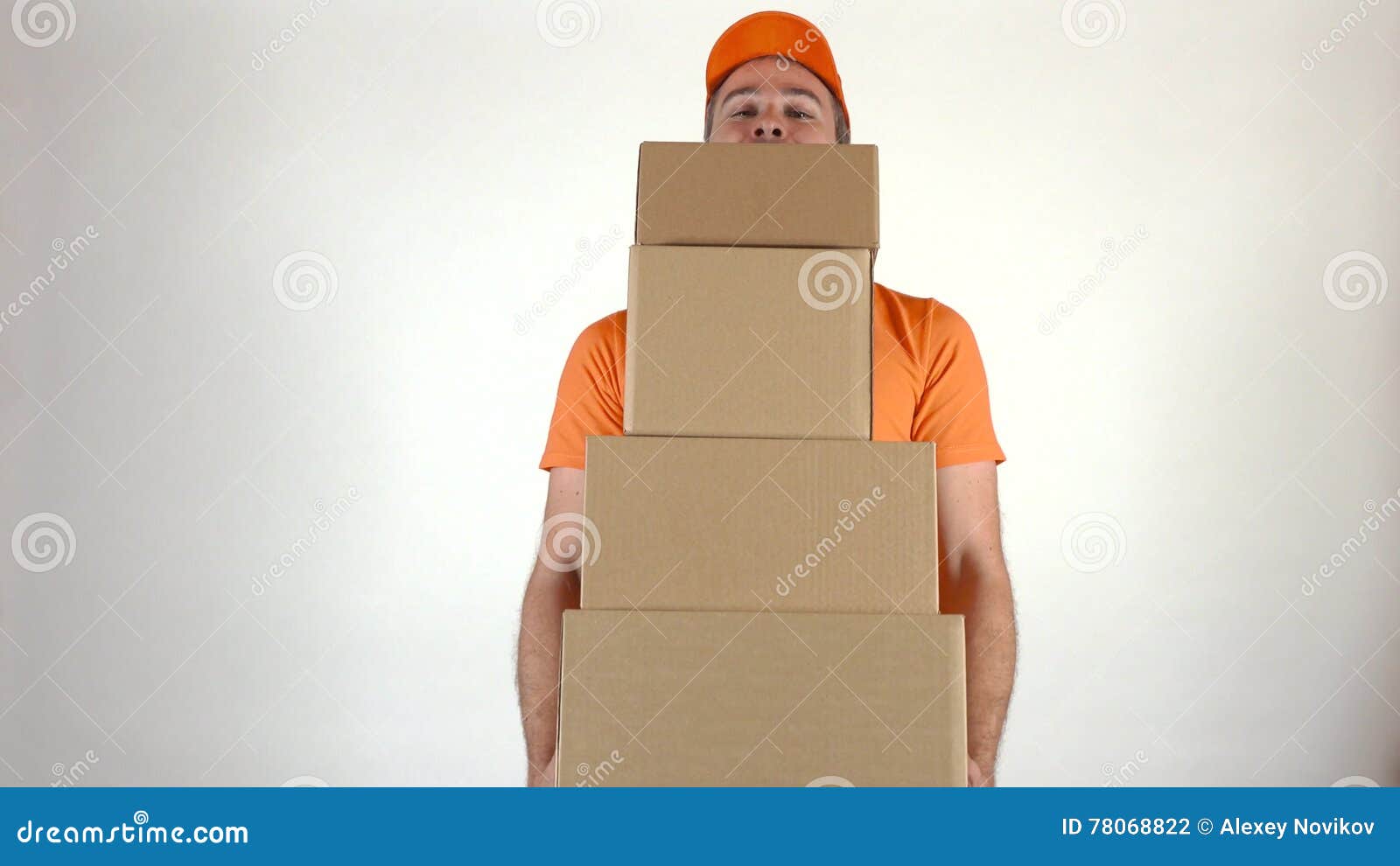 Courier in Orange Uniform Delivering a Pile of Parcels. Light Grey ...