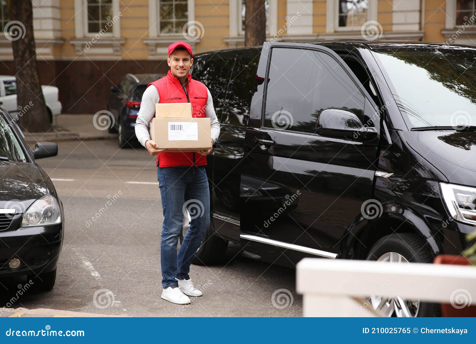 Courier with Parcels Near Delivery Van Outdoors Stock Image - Image of ...