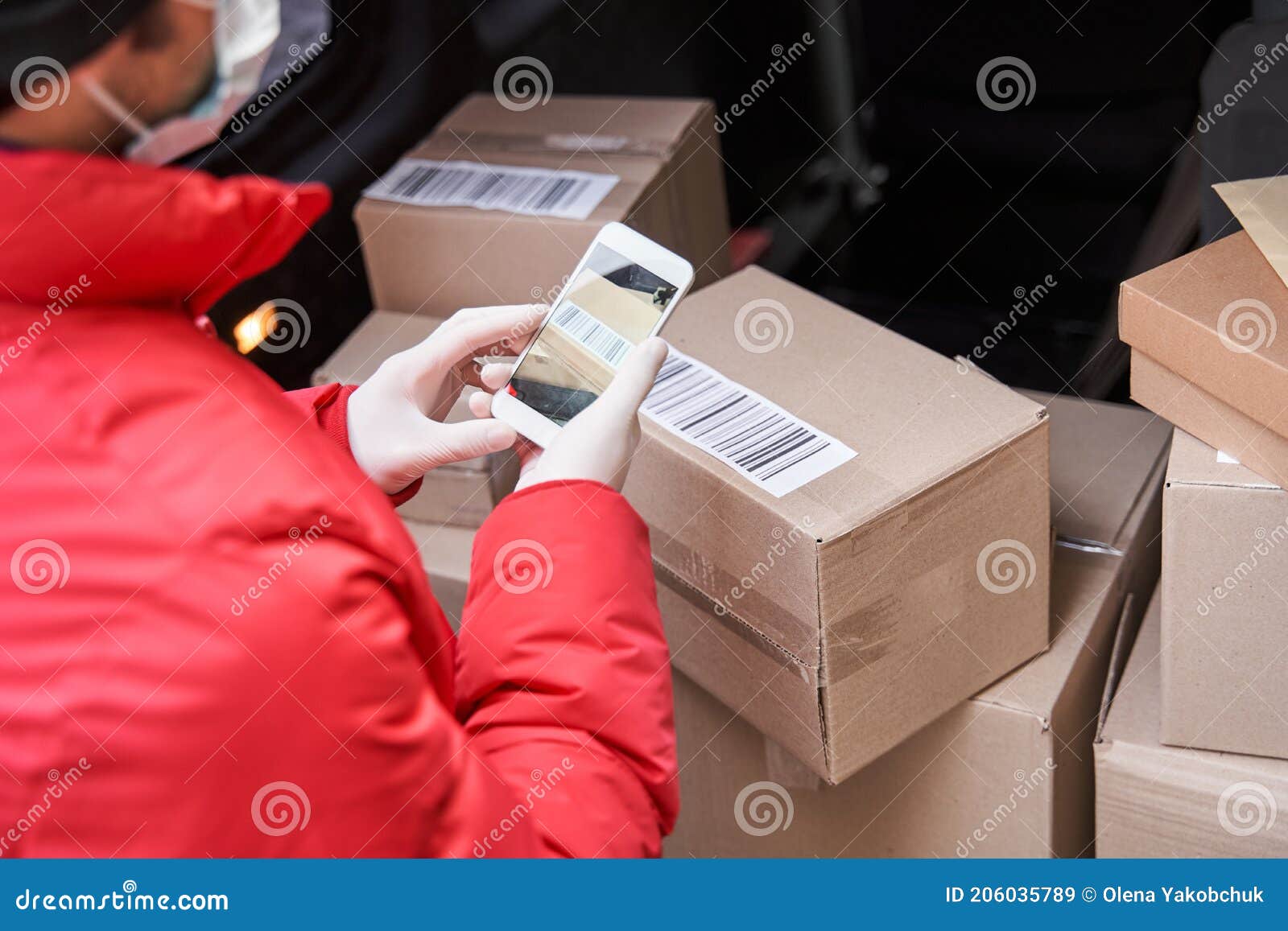 Courier in Protective Mask Scanning a Barcode Stock Image - Image of ...
