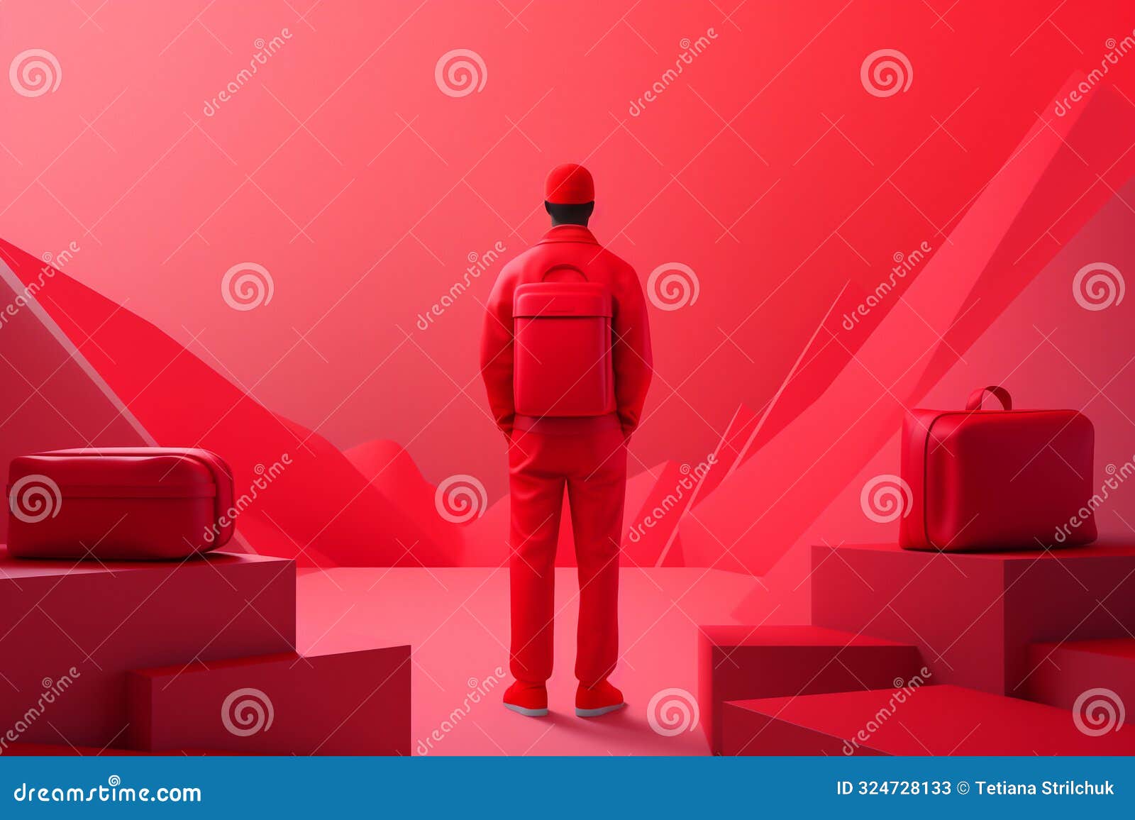 Courier with Red Uniform and Backpack, Back View, Carrying Package ...