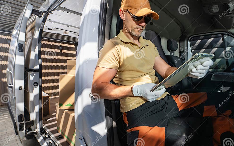 Courier Seating Inside Delivery Van and Making Documentation Stock Image - Image of checking ...