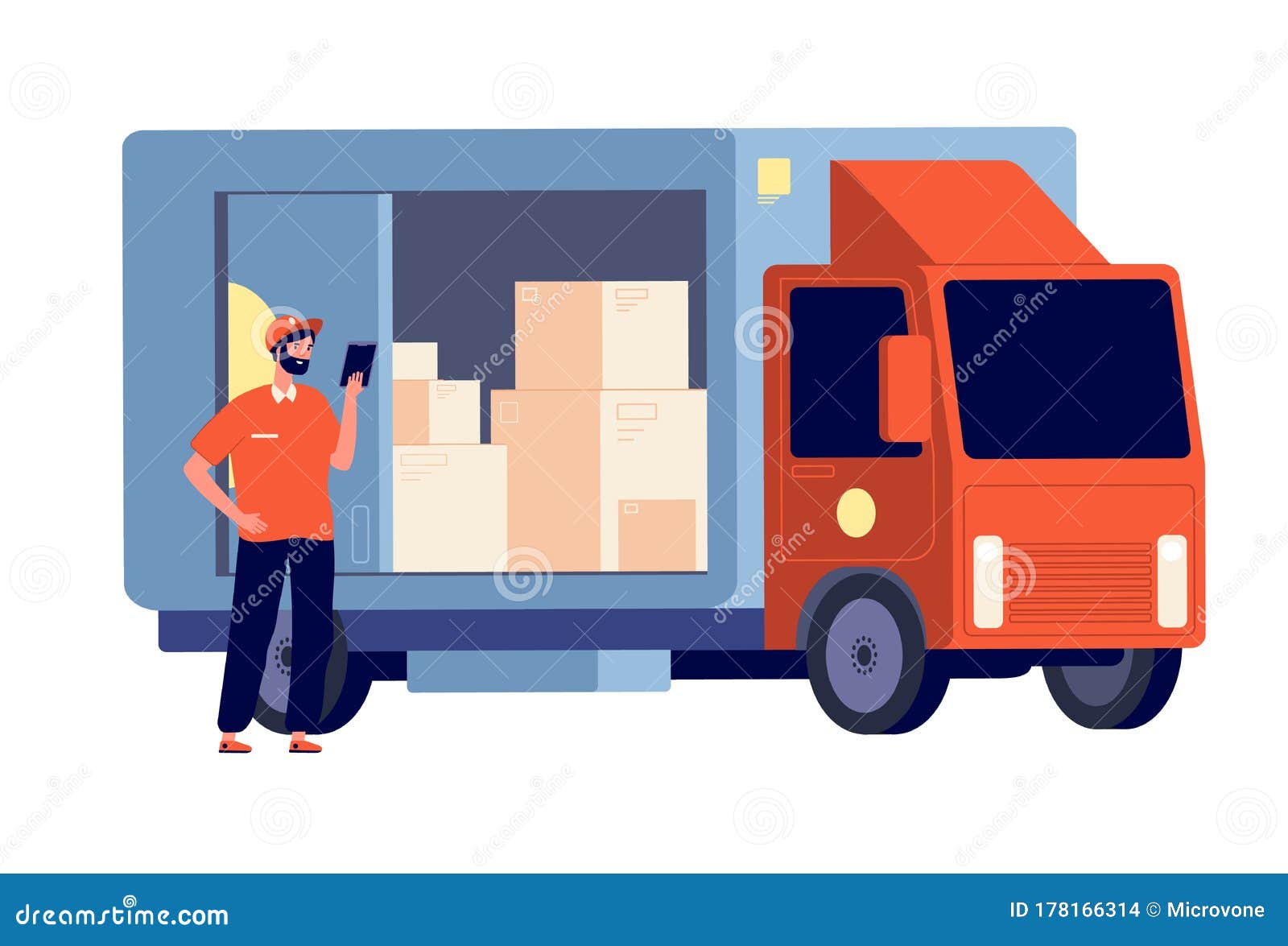 Courier. Smiling Guy With Package, Delivery Lorry. Logistic Service ...