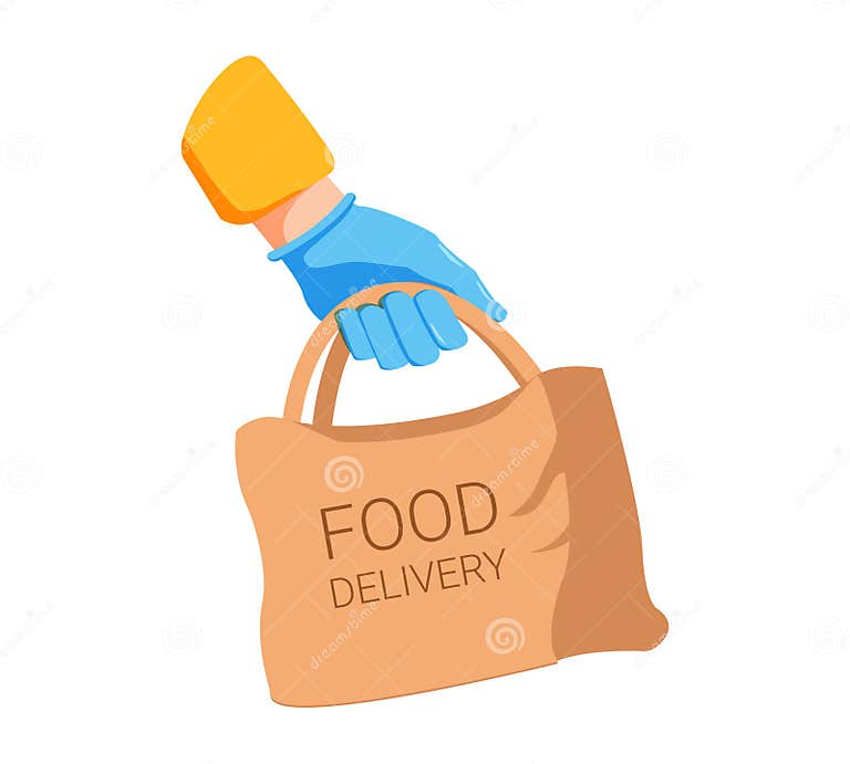Couriers Hand in Blue Protective Glove Holding Delivery Paper Bag with ... Couriers Hand in Blue Protective Glove Holding Delivery Paper Bag with ...