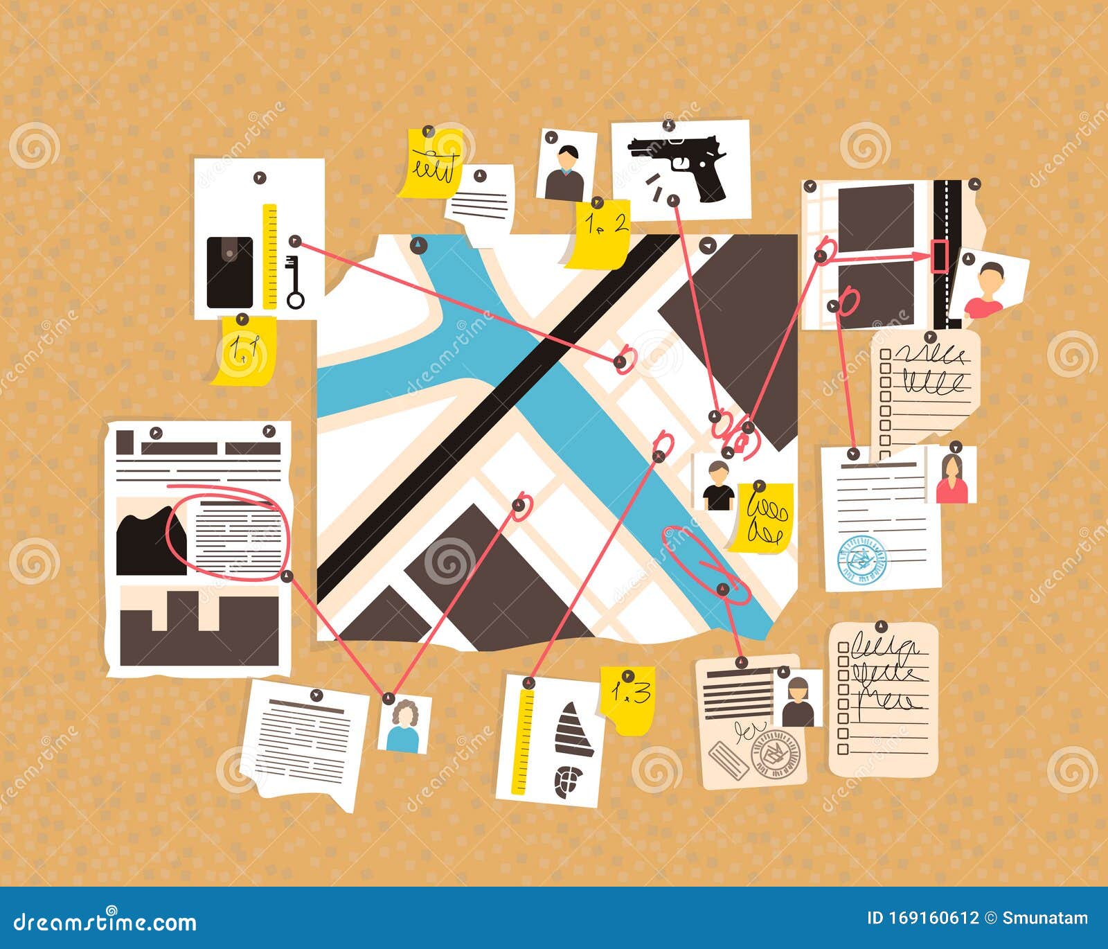 The Course of the Detective Investigation on the Corkboard Stock Vector ...