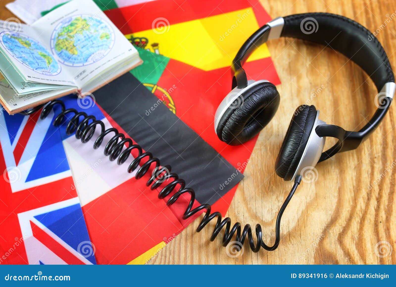 Course Language Headphone and Flag on a Table Stock Photo - Image of ...