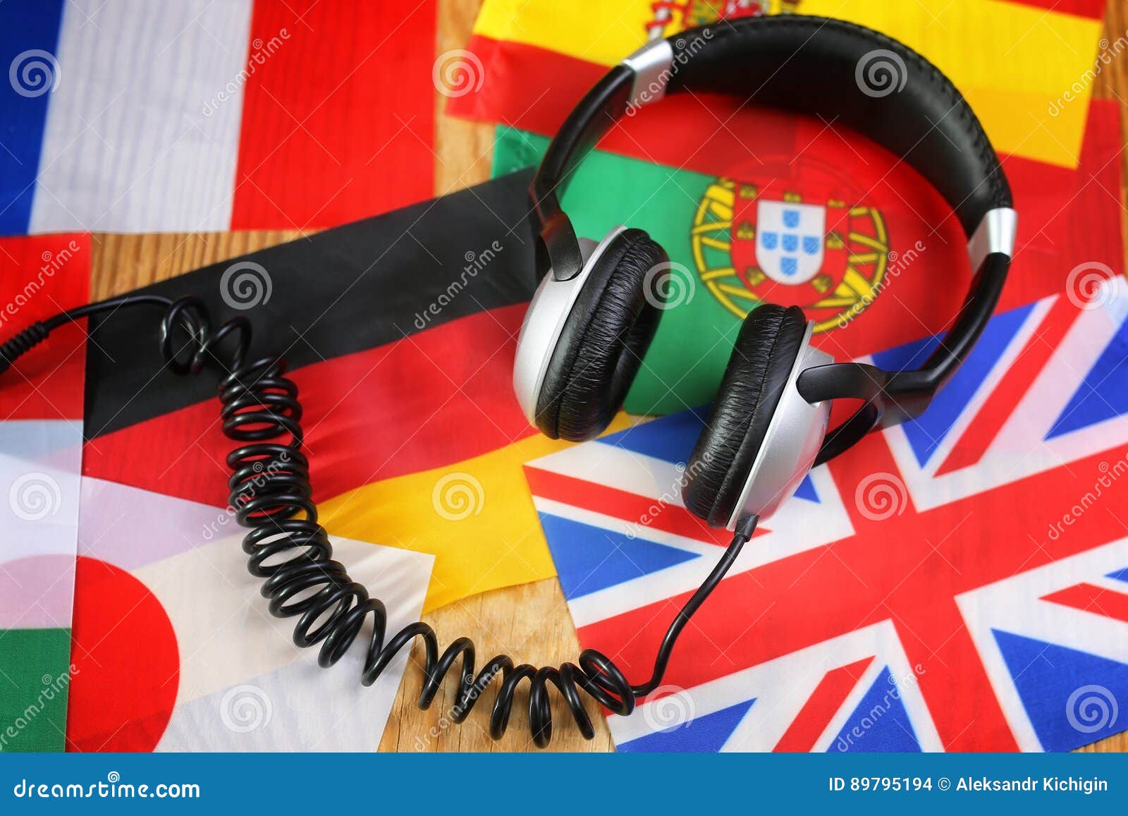 Course Language Headphone and Flag on a Table Stock Photo - Image of ...