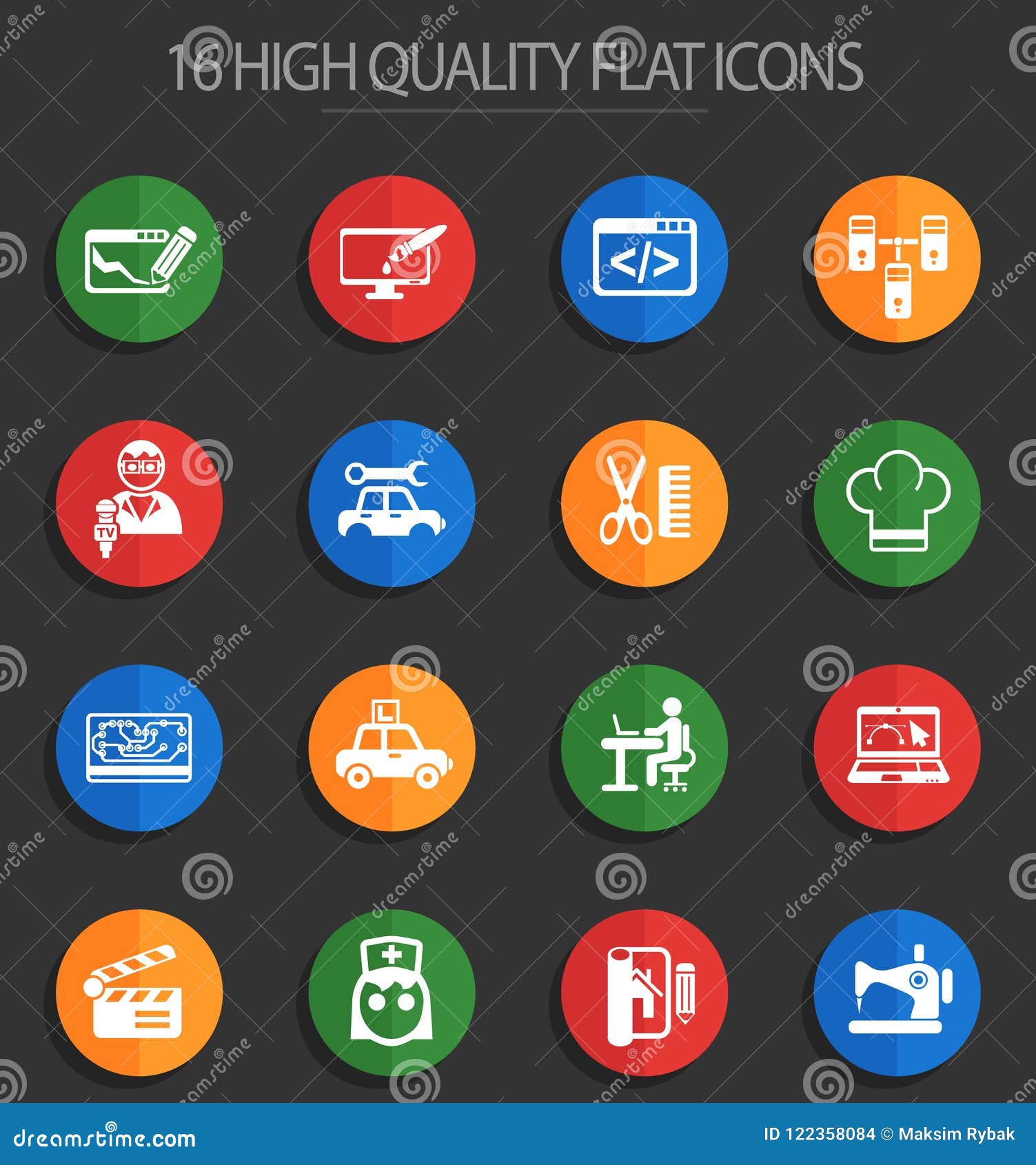 Courses 16 flat icons stock illustration. Illustration of hairdresser ...