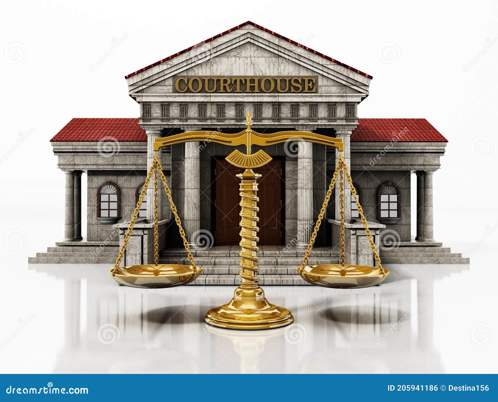 Courthouse and Balanced Scale Isolated on White Background. 3D ...