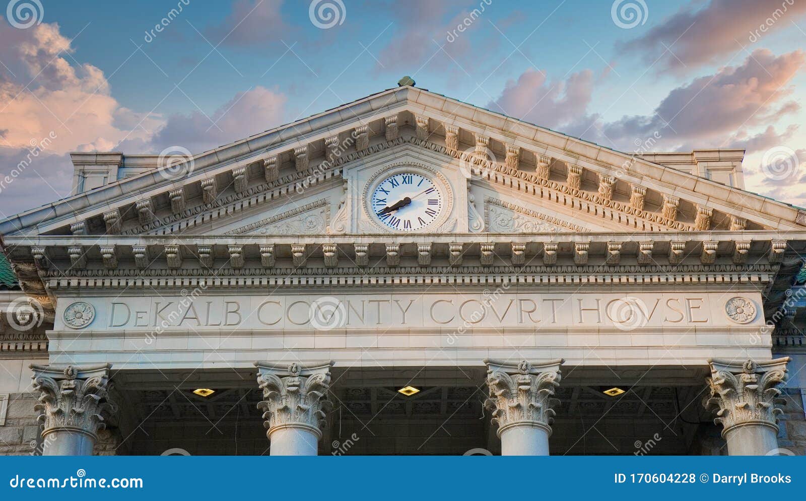 Courthouse Clock and Columns in Morning Stock Photo - Image of windows ...