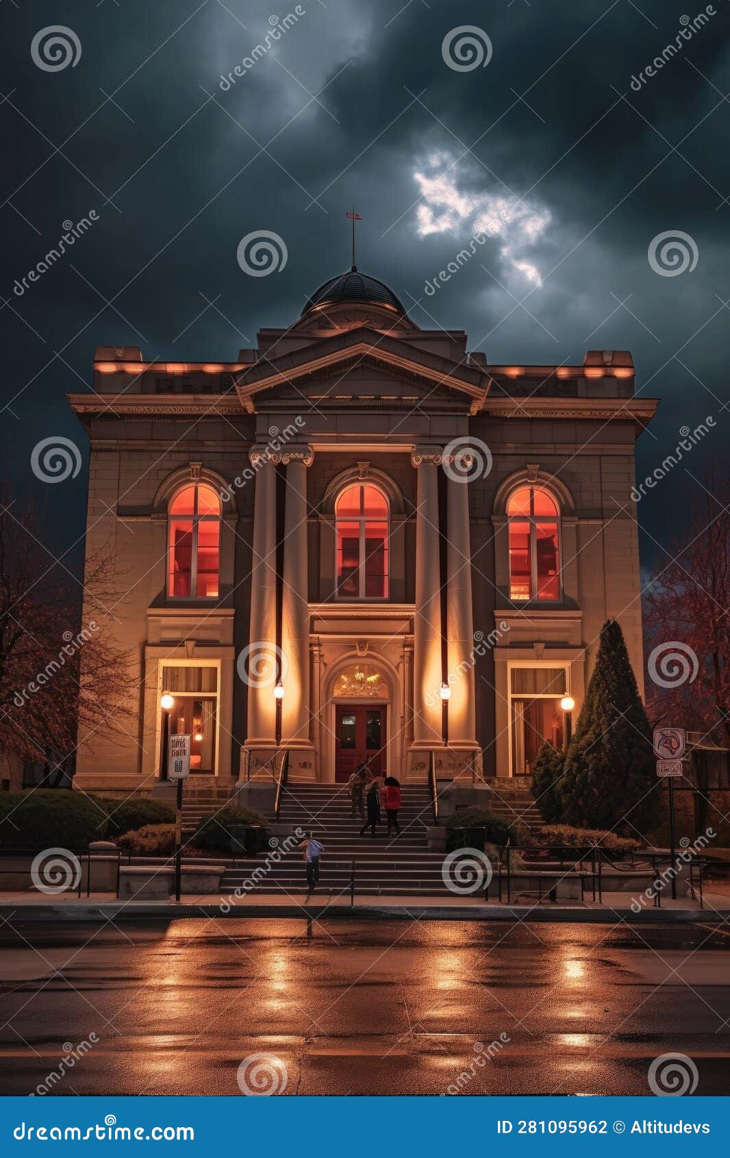 Courthouse Exterior with Dramatic Lighting Stock Illustration ...