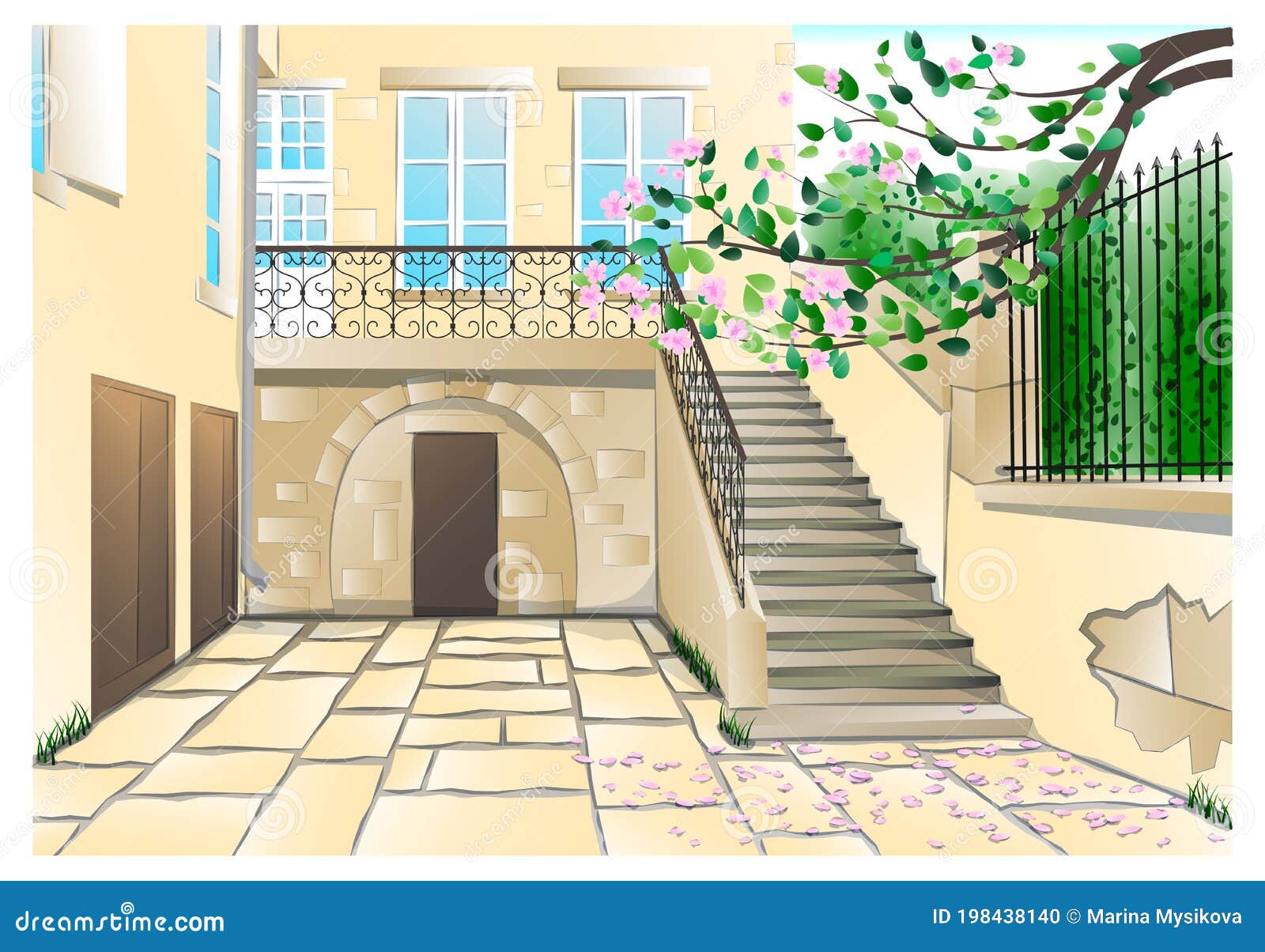 Courtyard and Blooming Branch Stock Vector - Illustration of flower ...
