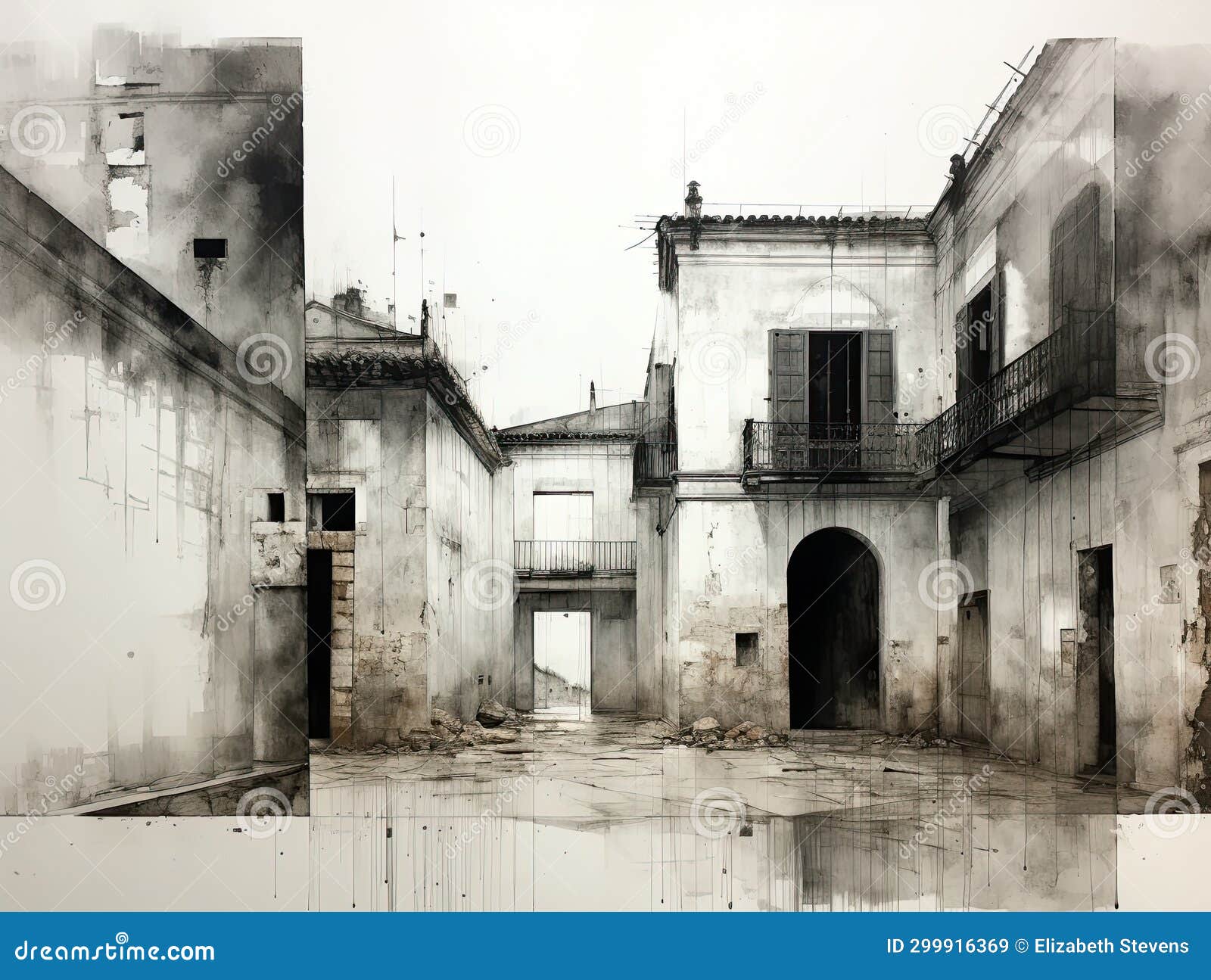 Courtyard of a Crumbling Complex Stock Illustration - Illustration of ...