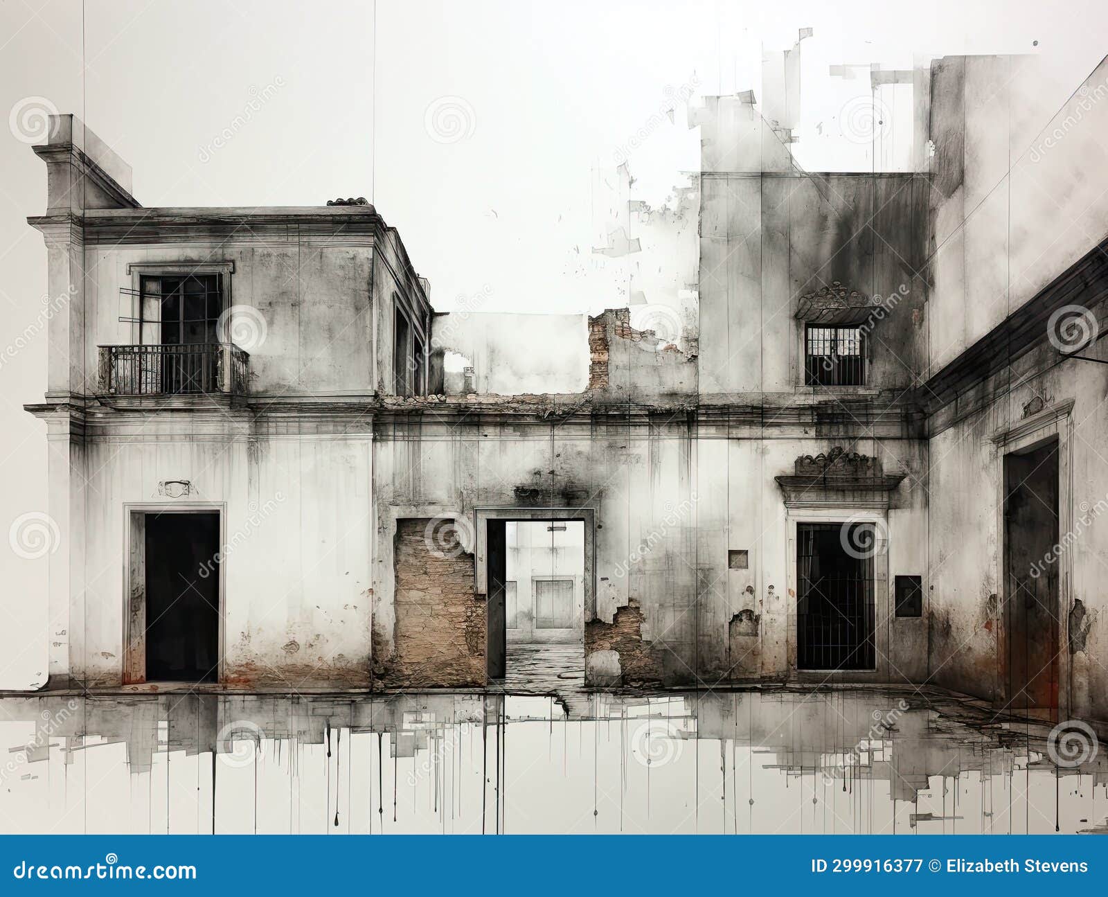 Courtyard of a Crumbling Complex Stock Illustration - Illustration of ...