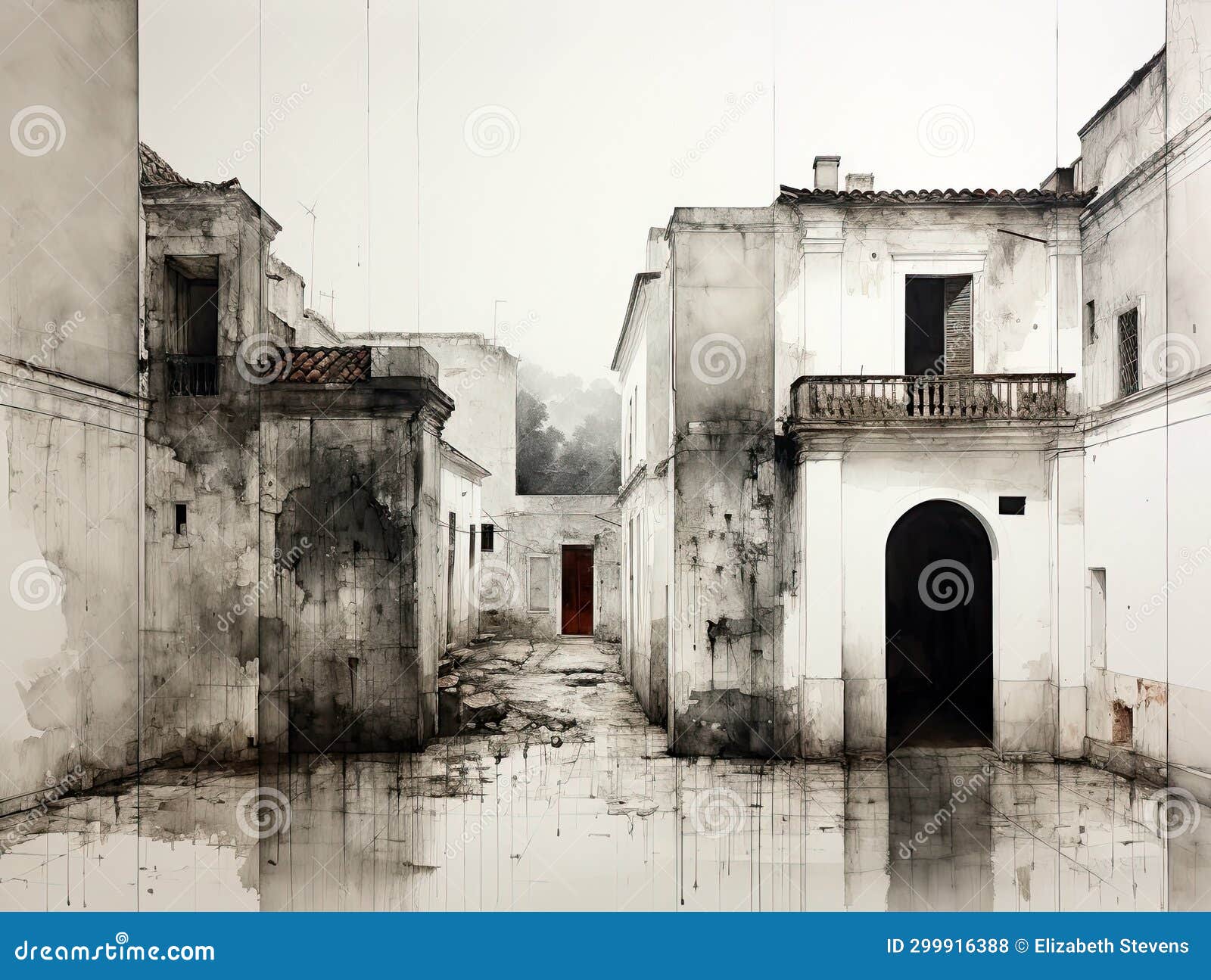 Courtyard of a Crumbling Complex Stock Illustration - Illustration of ...