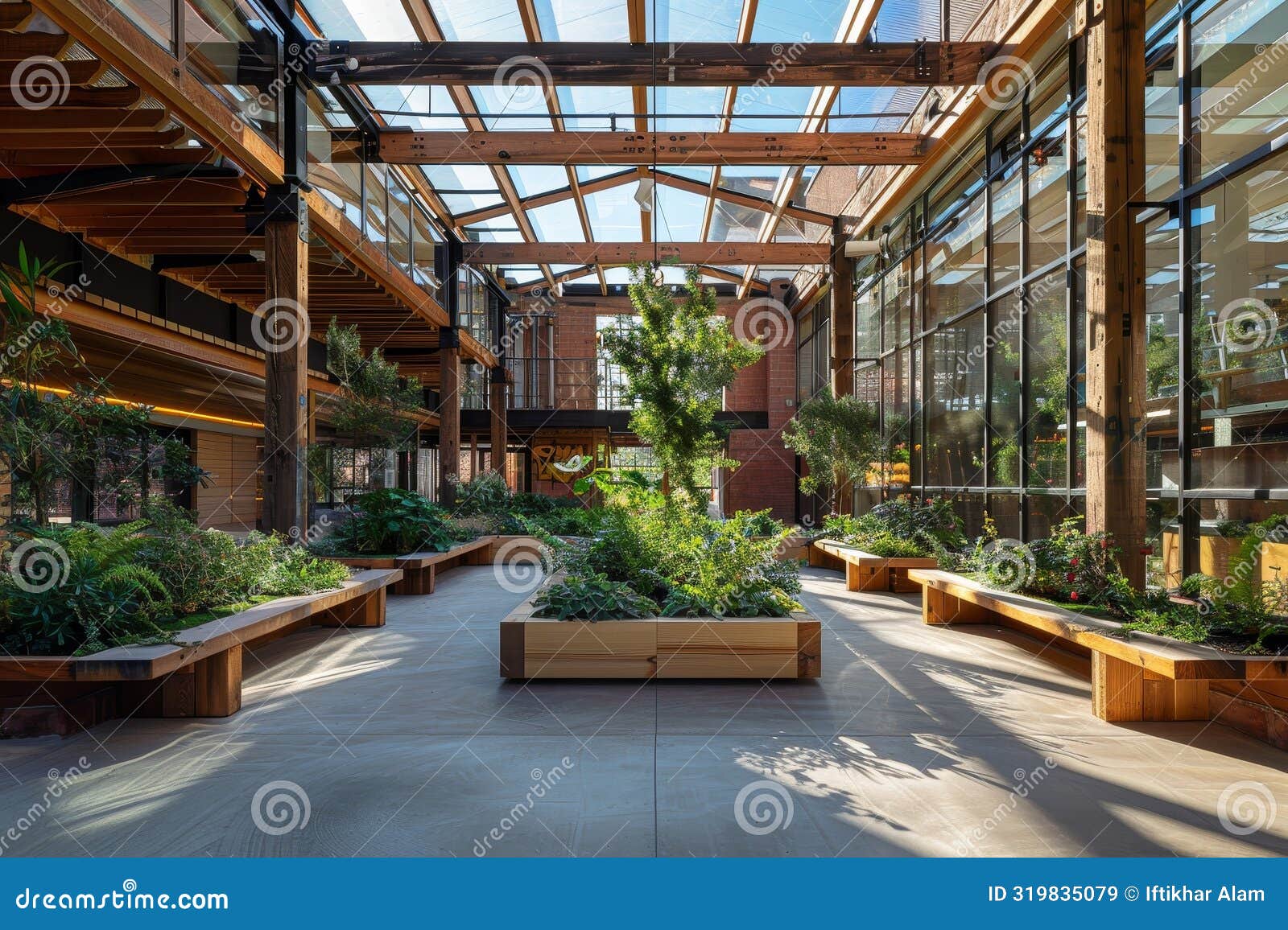 Courtyard Featuring Benches and Plants Enclosed within a Glass Building ...