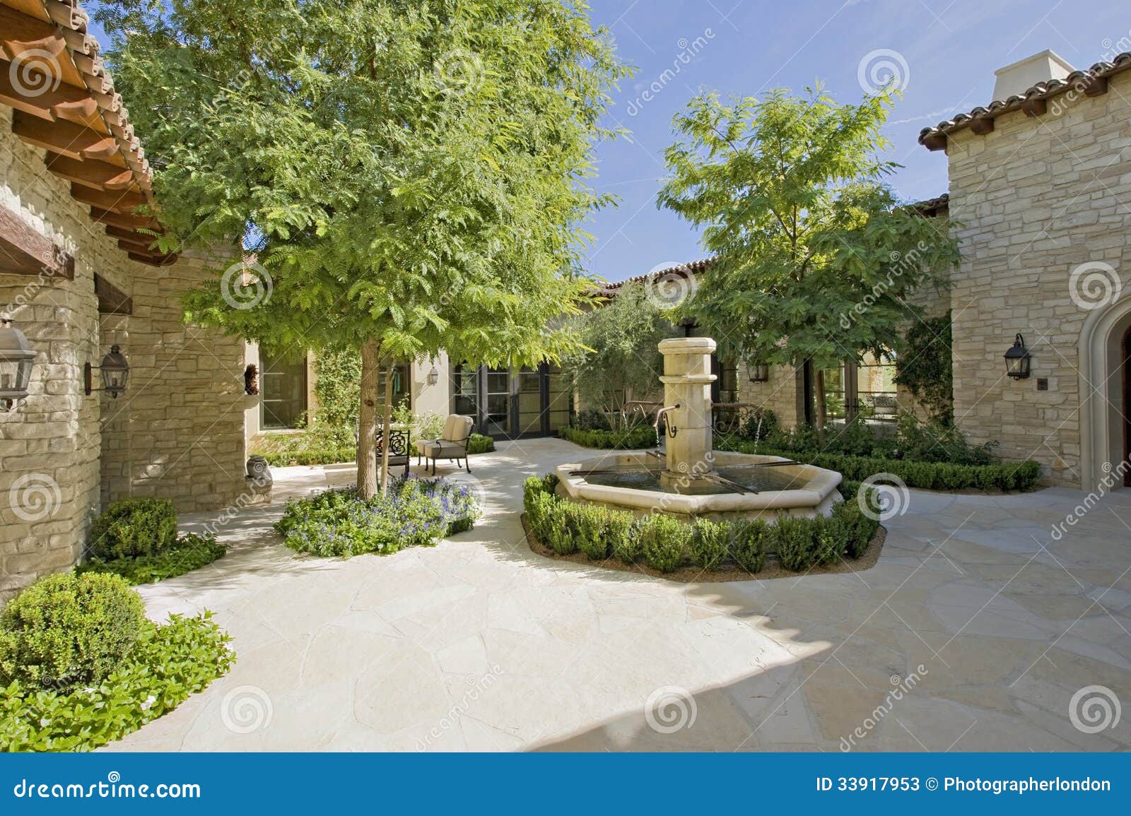Courtyard with Fountain and Trees on a Sunny Day Stock Image - Image of ...