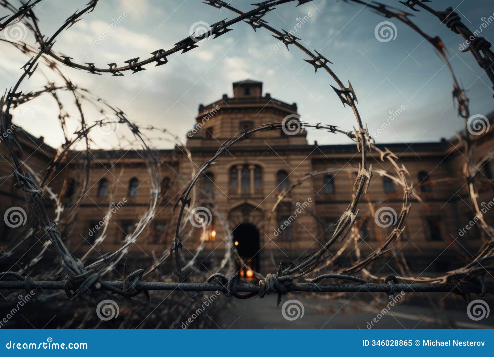 Courtyard and Prison Building Behind Barbed Wire Stock Image - Image of ...