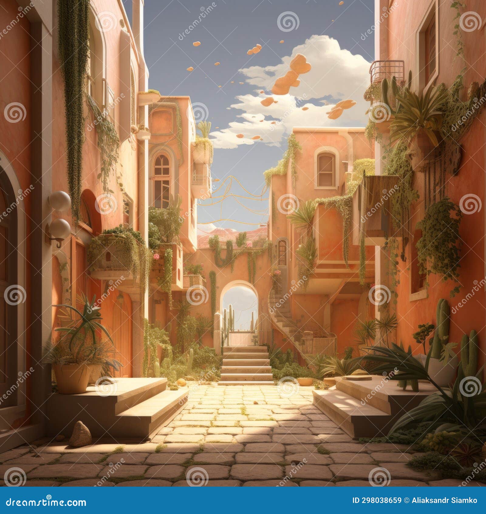 A Courtyard with Stairs and Plants Stock Illustration - Illustration of ...