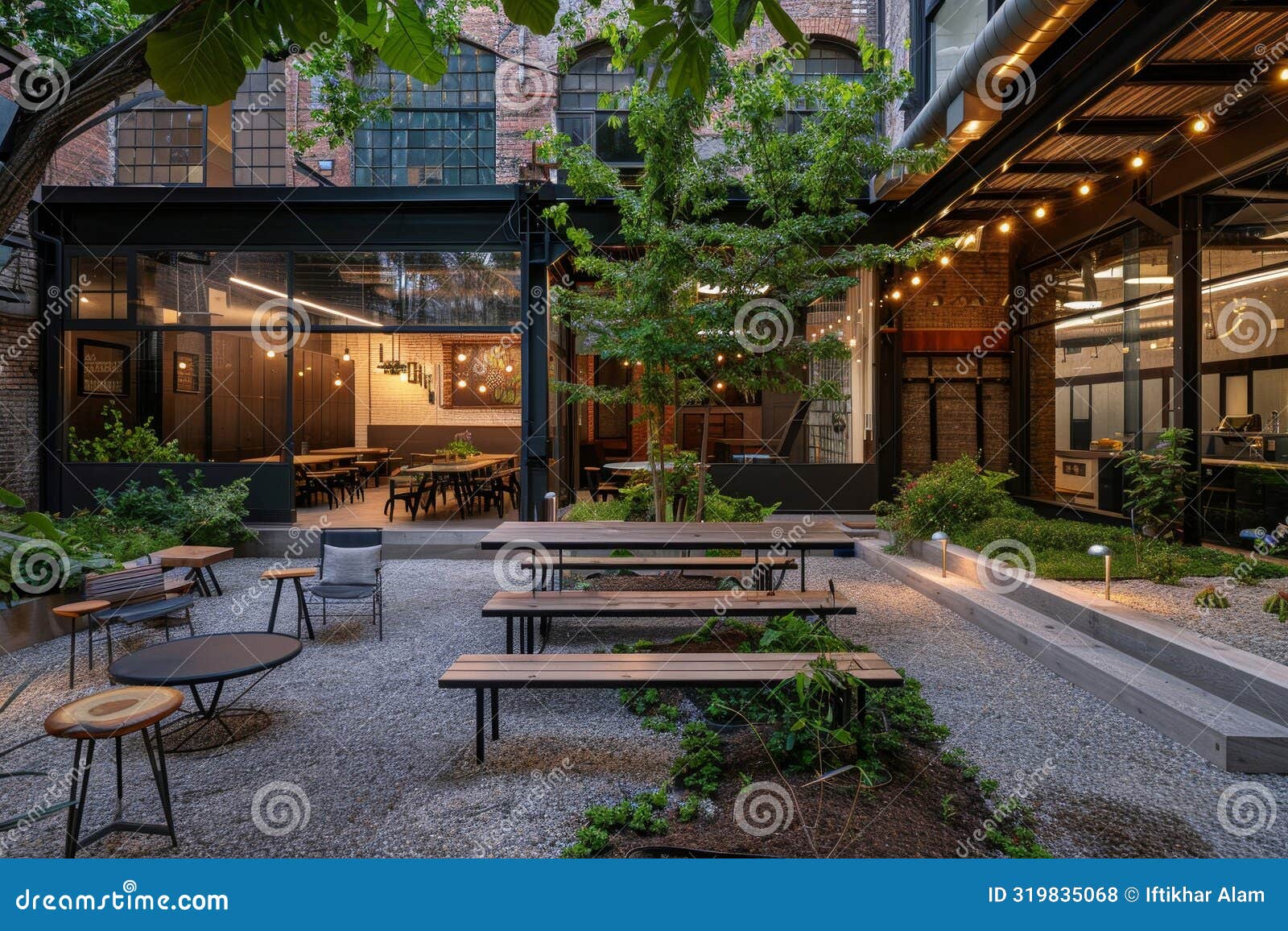 Courtyard Surrounded by Brick Walls, Featuring Tables and Benches for ...