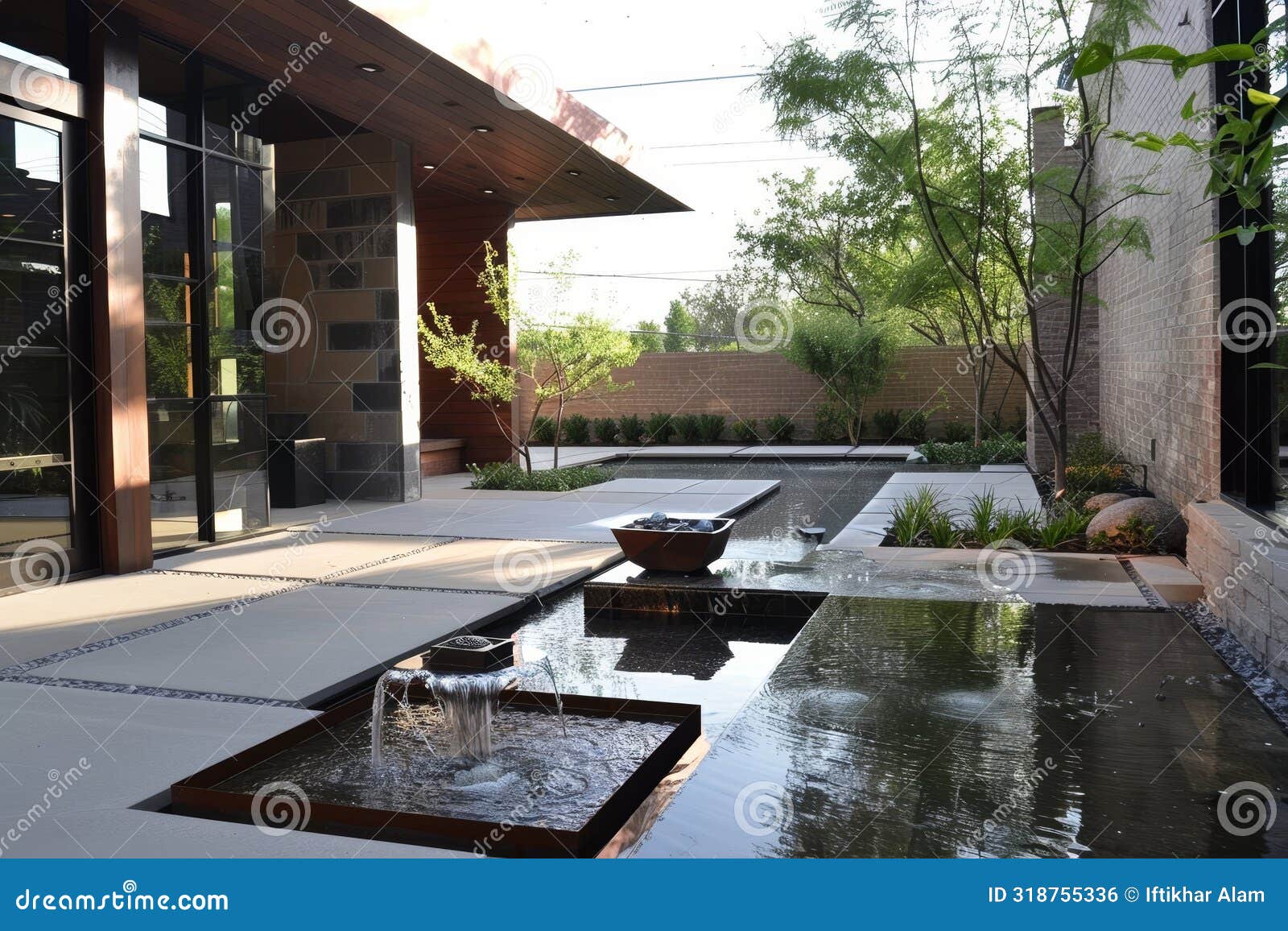 A Courtyard with a Water Feature in the Center, Surrounded by ...
