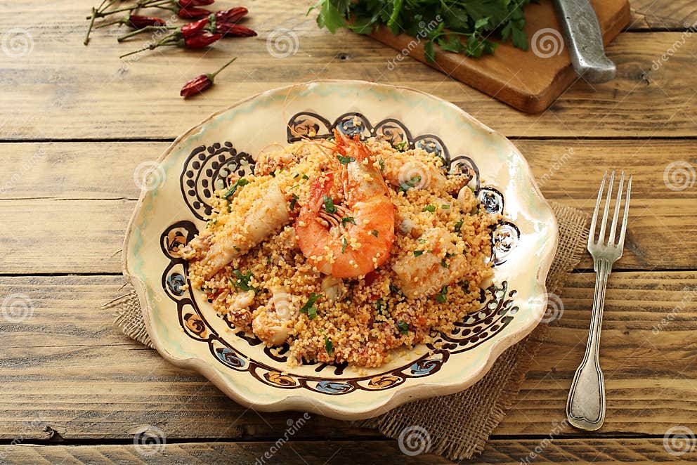 Couscous with fish stock image. Image of corn, dish, dinner - 70318687
