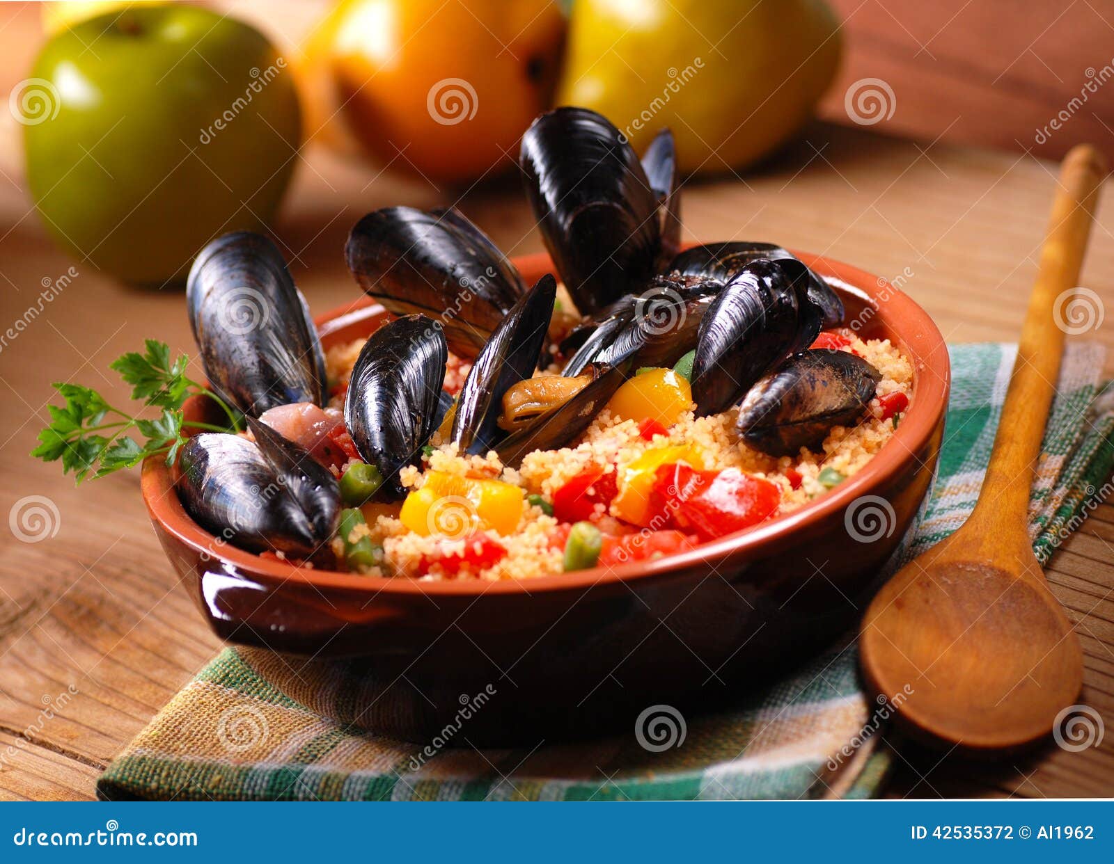 Couscous with Mussels in Earthenware Bowl Stock Photo - Image of ...