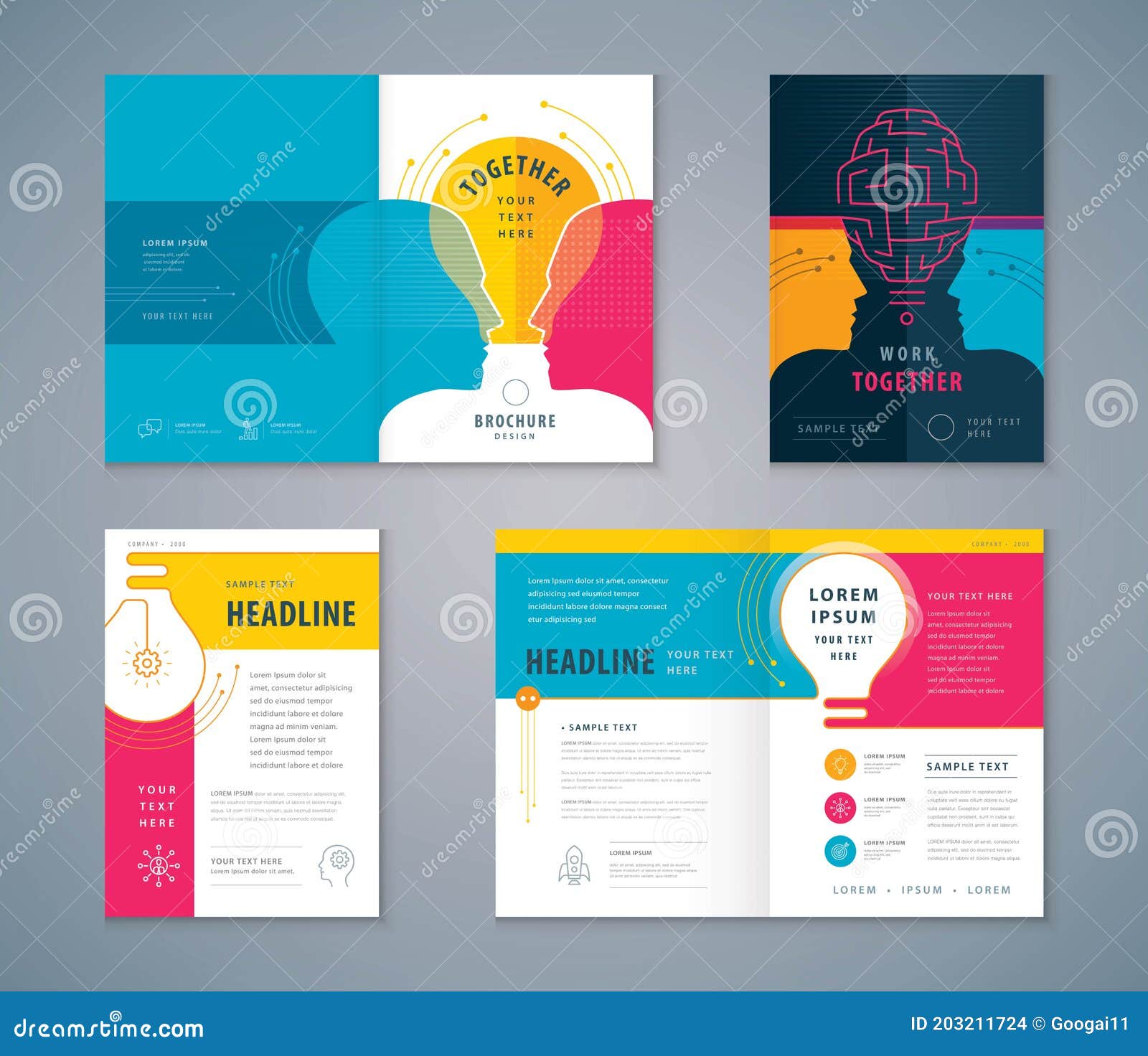 Cover Book Design Set, Human Head with Light Bulb Background Vector ...