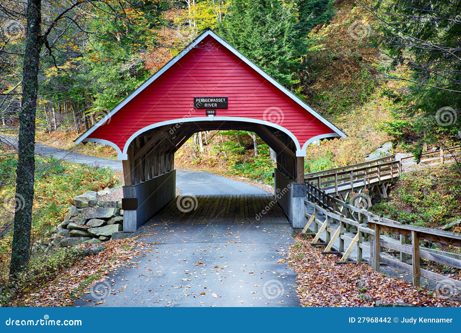 Covered bridge in Autumn stock photo. Image of rails - 27968442