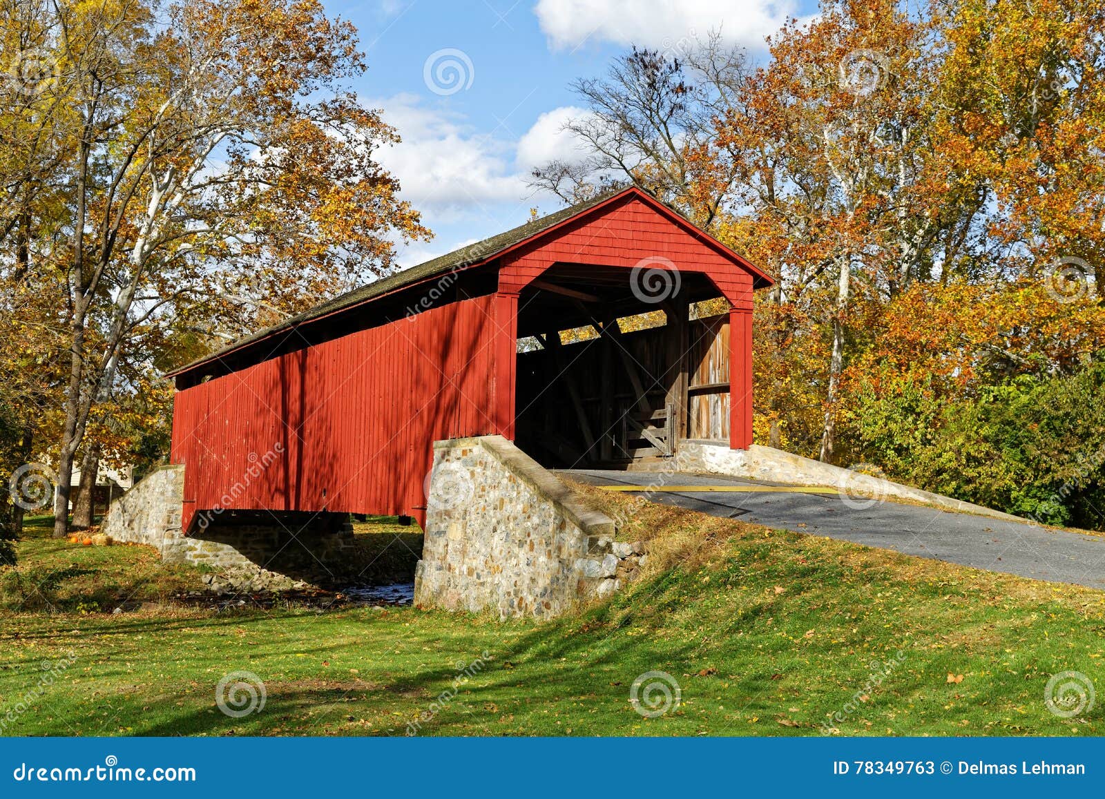 Covered Bridge in Autumn stock image. Image of scene - 78349763