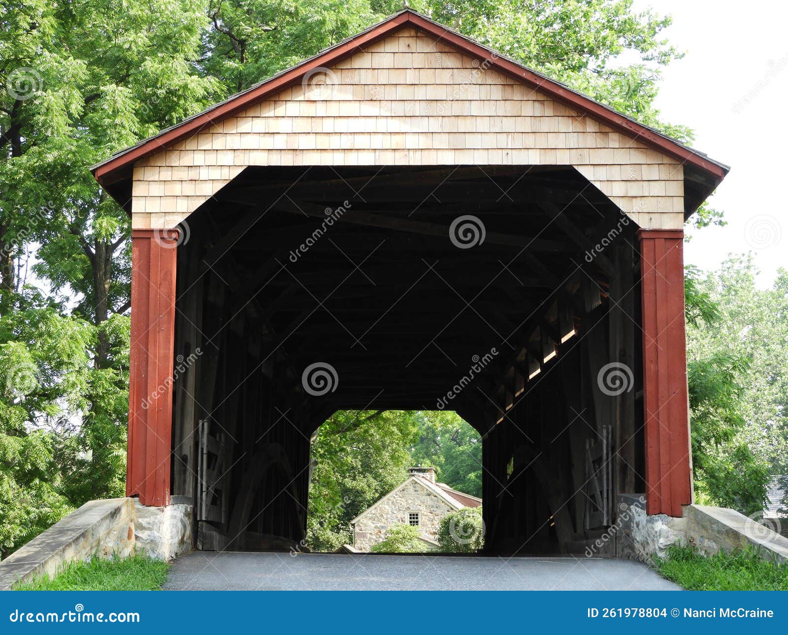 1859 Covered Bridge Entry Showing Historic Stone Cottage USA Stock ...