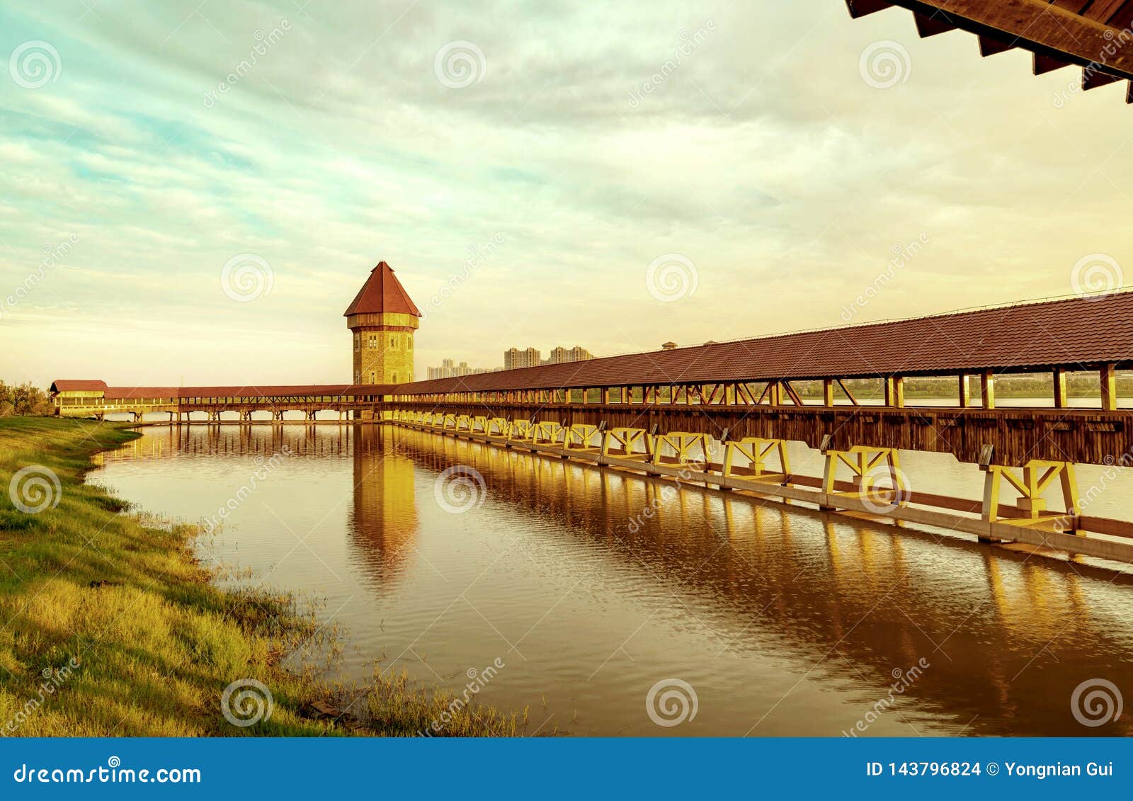 Long covered bridge stock photo. Image of asia, blue - 143796824