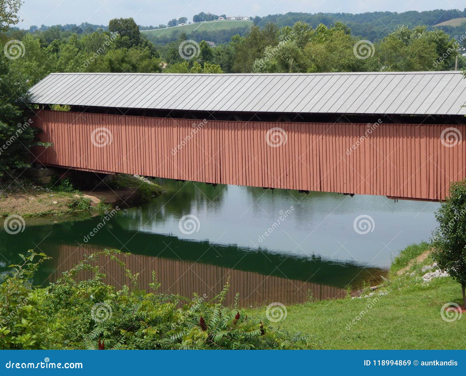 Cover Bridge with Reflection on the Water Stock Image - Image of homes ...