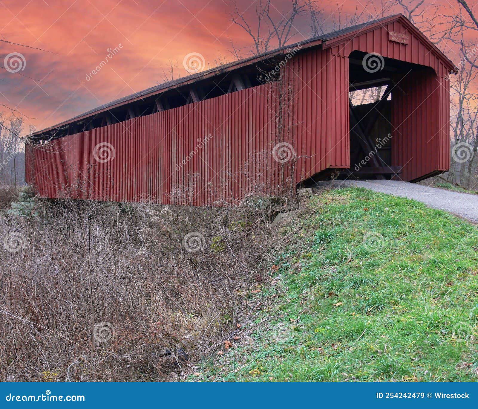 Covered Red Bridge in Southeastern Ohio at Pink Sunset Stock Image ...